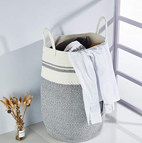 Laundry Basket Woven Cotton Rope Large Clothes Hamper 16" D x 25" H, Tall Basket with Extended Cotton Handles for Storage Clothes Toys in Bedroom, Bathroom, Foldable White and Gray by Gecious