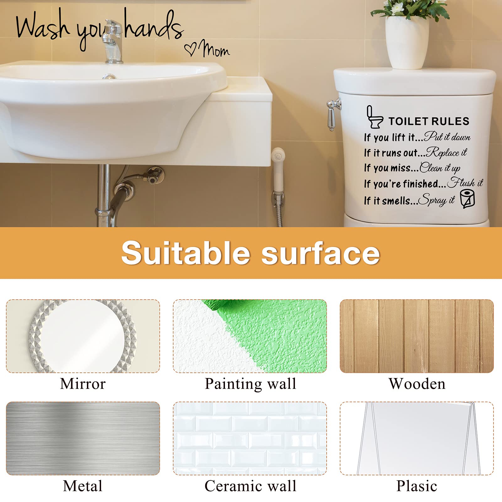 4 Pieces Bathroom Wall Decals Sticker Toilet Rules Soak Relax Enjoy Bathroom Rules Wash Your Hands Love Mom Wall Quote Saying Stickers Vinyl Wall Art Decor for Home Restroom (Black)