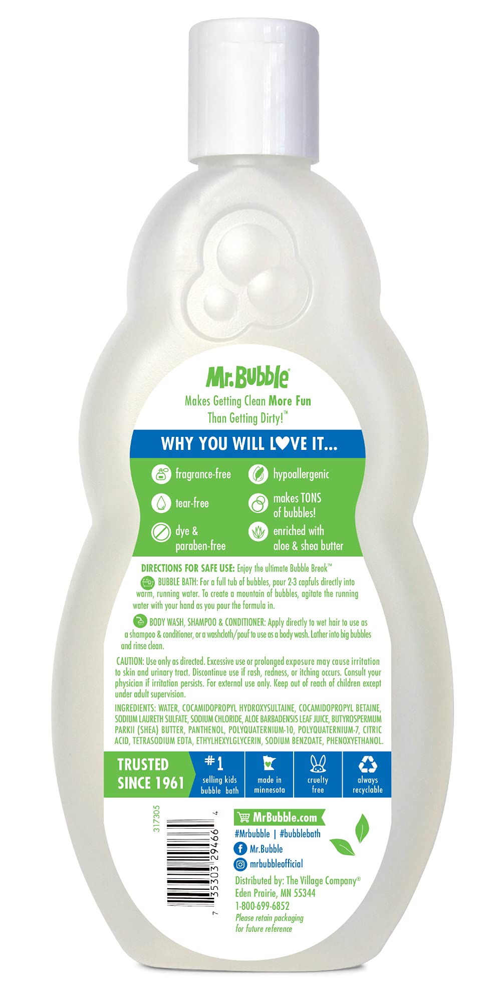 Mr. Bubble Kids Extra Gentle 4-in-1 - Body Wash, Shampoo, Conditioner, and Bubble Bath - Hypoallergenic, Non-Scented, Dye Free, No Tear Formula, Perfect for Sensitive Skin (4 Bottles, 16 fl oz each)