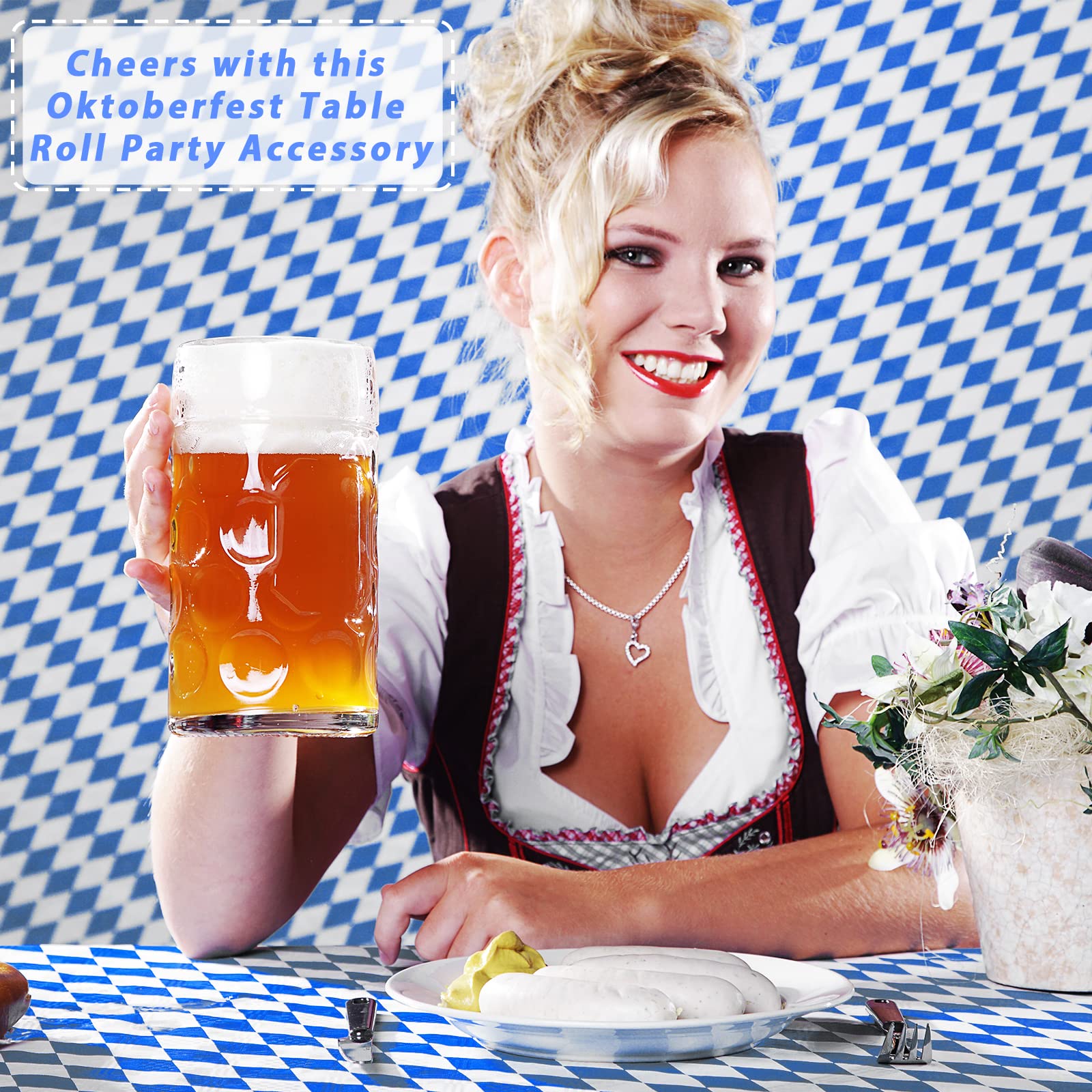 52 in x 100 Ft Oktoberfest Table Roll Party Accessory with Slide Cutter Plastic Table Cloth Roll Oktoberfest Bavarian Blue Diamonds Tablecover for German Themed Party Decorations