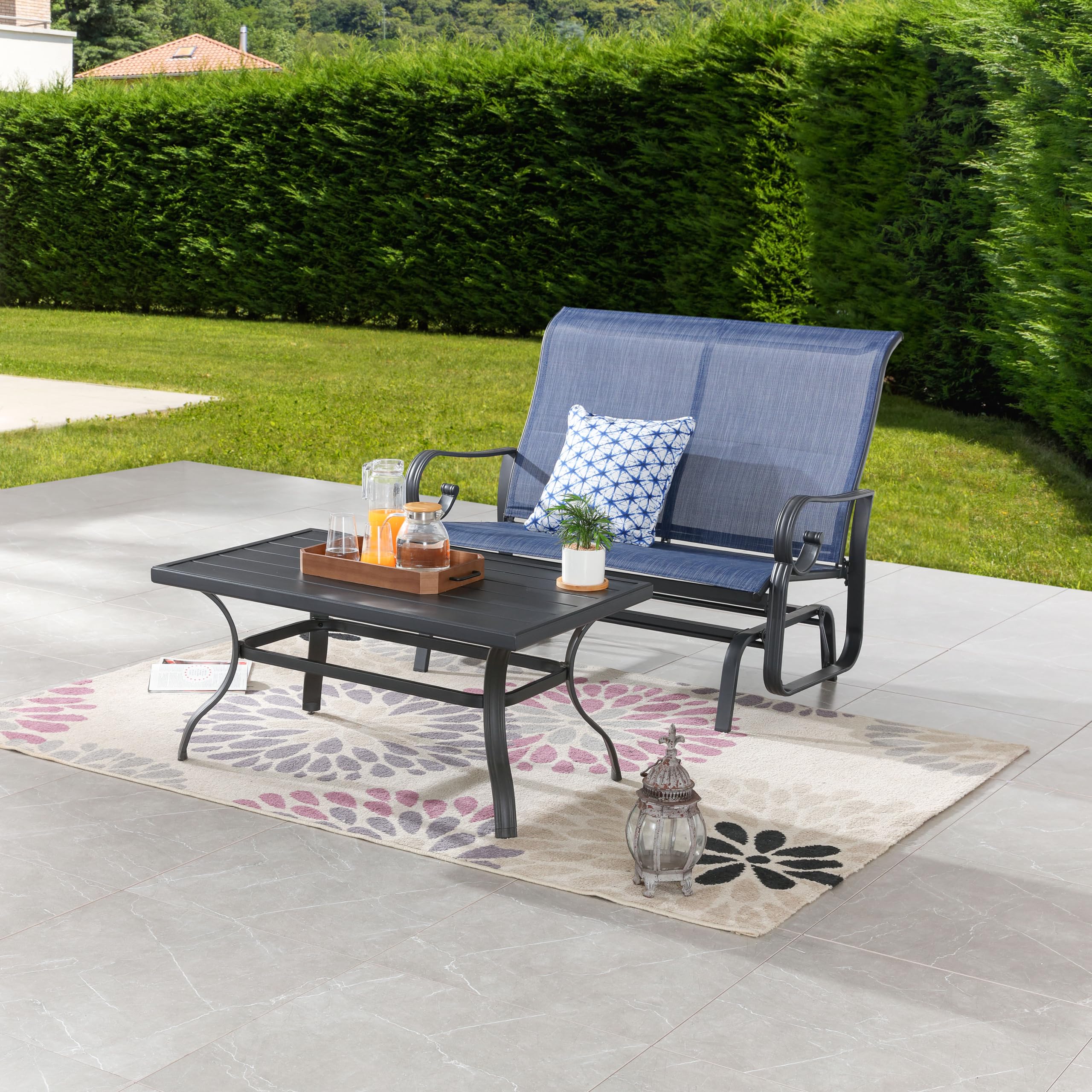 LOKATSE HOME 2 Pieces Outdoor Furniture Set Bench Glider Chair Metal Loveseat with Coffee Table, Blue