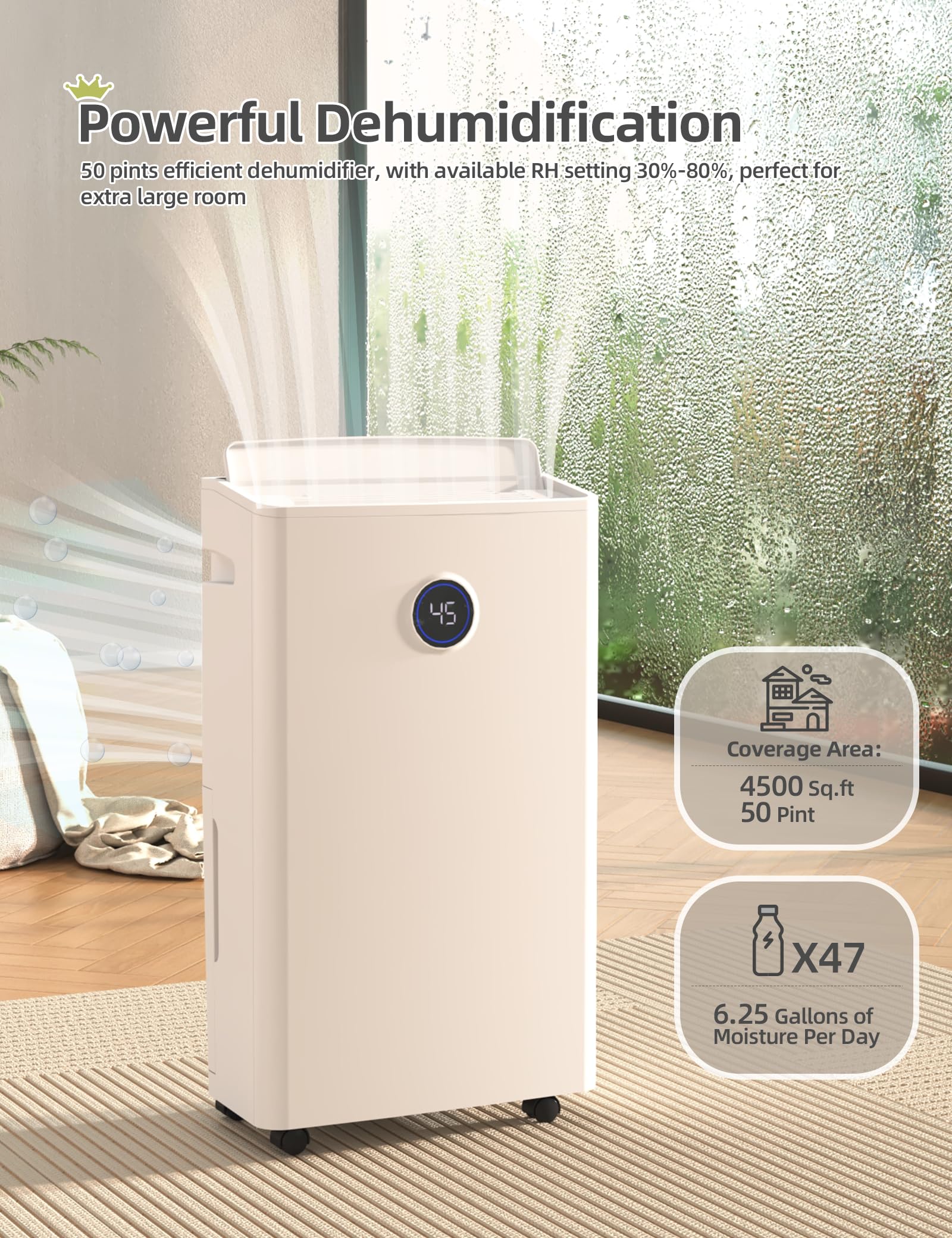 4500 Sq. Ft Dehumidifier for Basement, 50 Pints Large Dehumidifiers for Home with drain hose and 5L Water Tank, Powerful Moisture Removal for Whole House, Large Room, and Intelligent Humidity Control