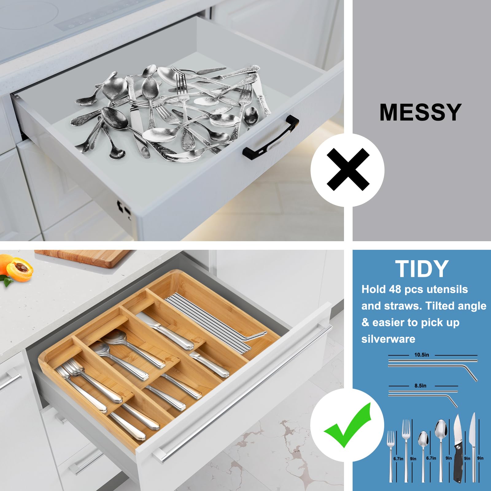YICOCHI Utensil Holder for Countertop with Lid, Bamboo Silverware Tray for Drawer, 7 Compartments Flatware Organizer with Labels