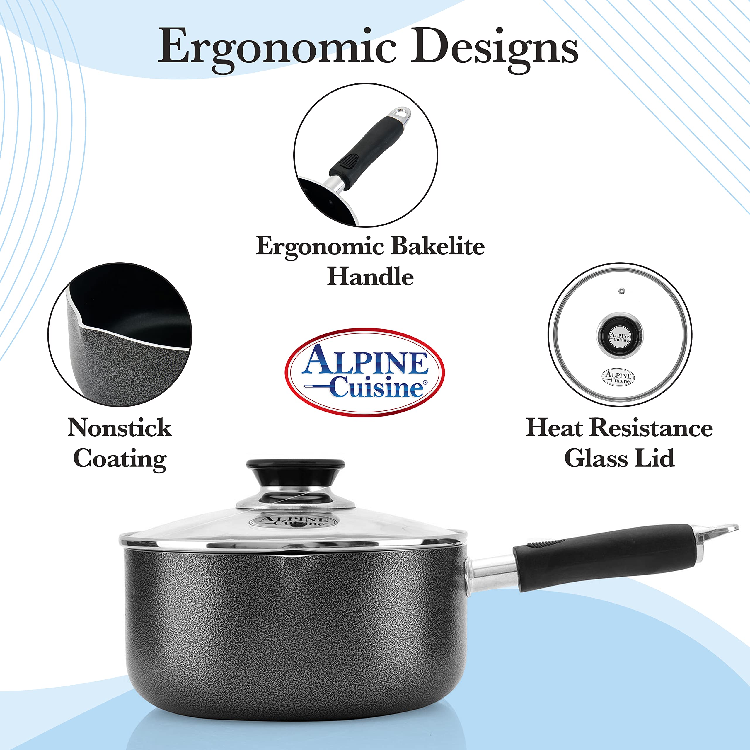 Alpine Cuisine Sauce Pan 2 Quart Nonstick Coating Soft Touch Bakelite Handle with Glass Lid, Nonstick Sauce Pans for All Stoves, Multipurpose Use for Home Kitchen & Restaurant - Dishwasher Safe