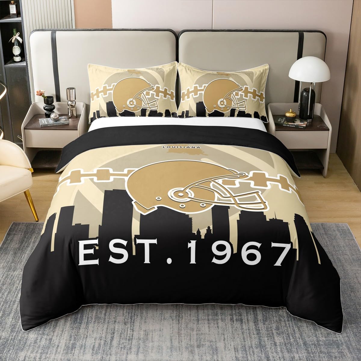 Erosebridal Football 100% Natural Cotton Duvet Cover,Football Fans Bedding Set for Men Women Twin,Vintage Rugby Comforter Cover,Sports Bed Sets with 1 Pillowcase Bedroom Decor(New Orleans)