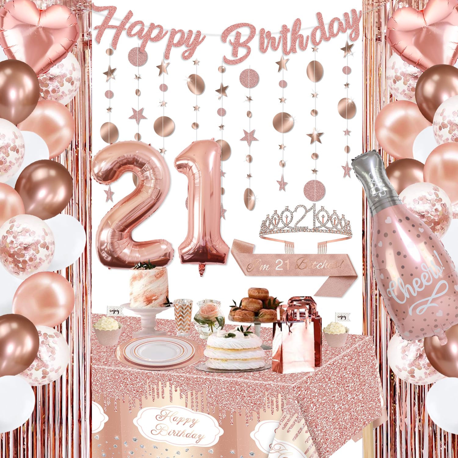 21st Birthday Decorations for Her - Rose Gold 21 Birthday Decorations, Rose Gold Banners, Balloons, Tablecloth, Fringe Curtain, Sash and Tiara for Women Girls Princess 21st Birthday Party Supplies