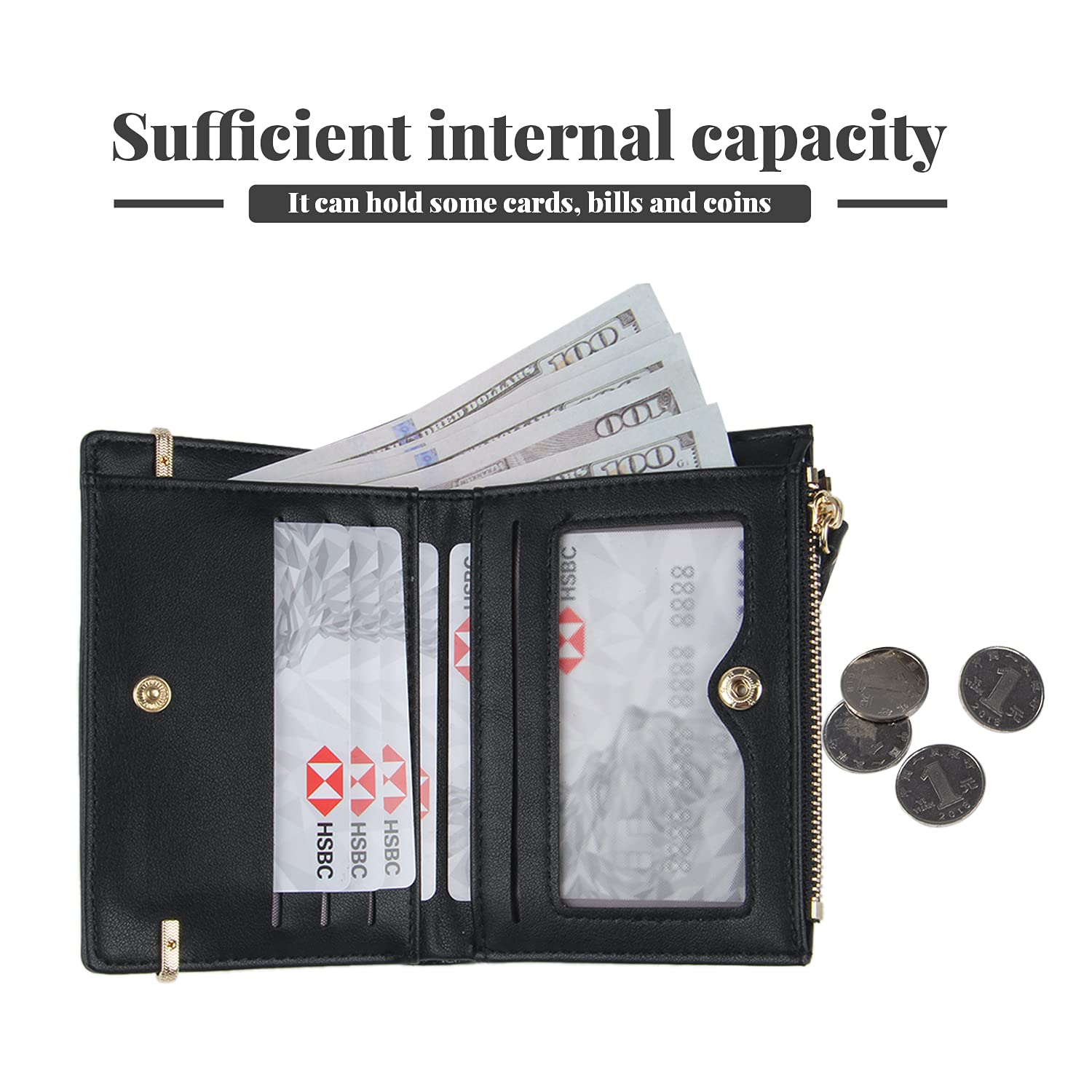 SUKUTU Ladies Purse, Women's Wallet PU Leather Wallet Small Bifold Womens Wallet Card Holder Zipper Coin Purse, Black, One Size