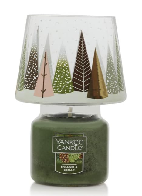 Yankee Candle Balsam & Cedar Winter Holiday Gift Set - Small Balsam & Cedar Candle (3.7 oz) with Festive Trees Small Jar Shade in a Decorative Gift Box