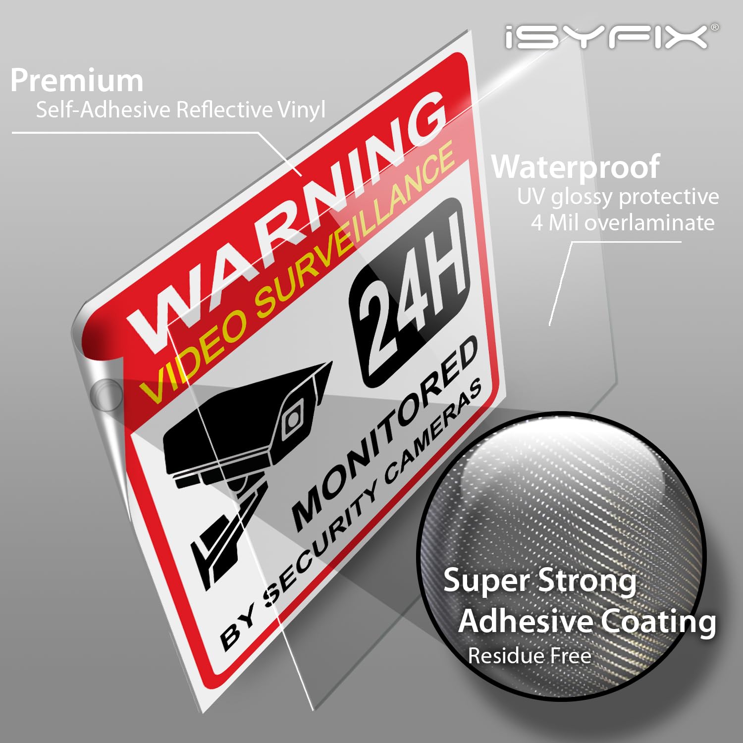 iSYFIX Video Surveillance Warning Sign Sticker - 4 Pack 7x6 inch - CCTV Security Premium Self-Adhesive Reflective Vinyl, Laminated for Ultimate UV Protection, Water & Fade Resistance, Indoor & Outdoor