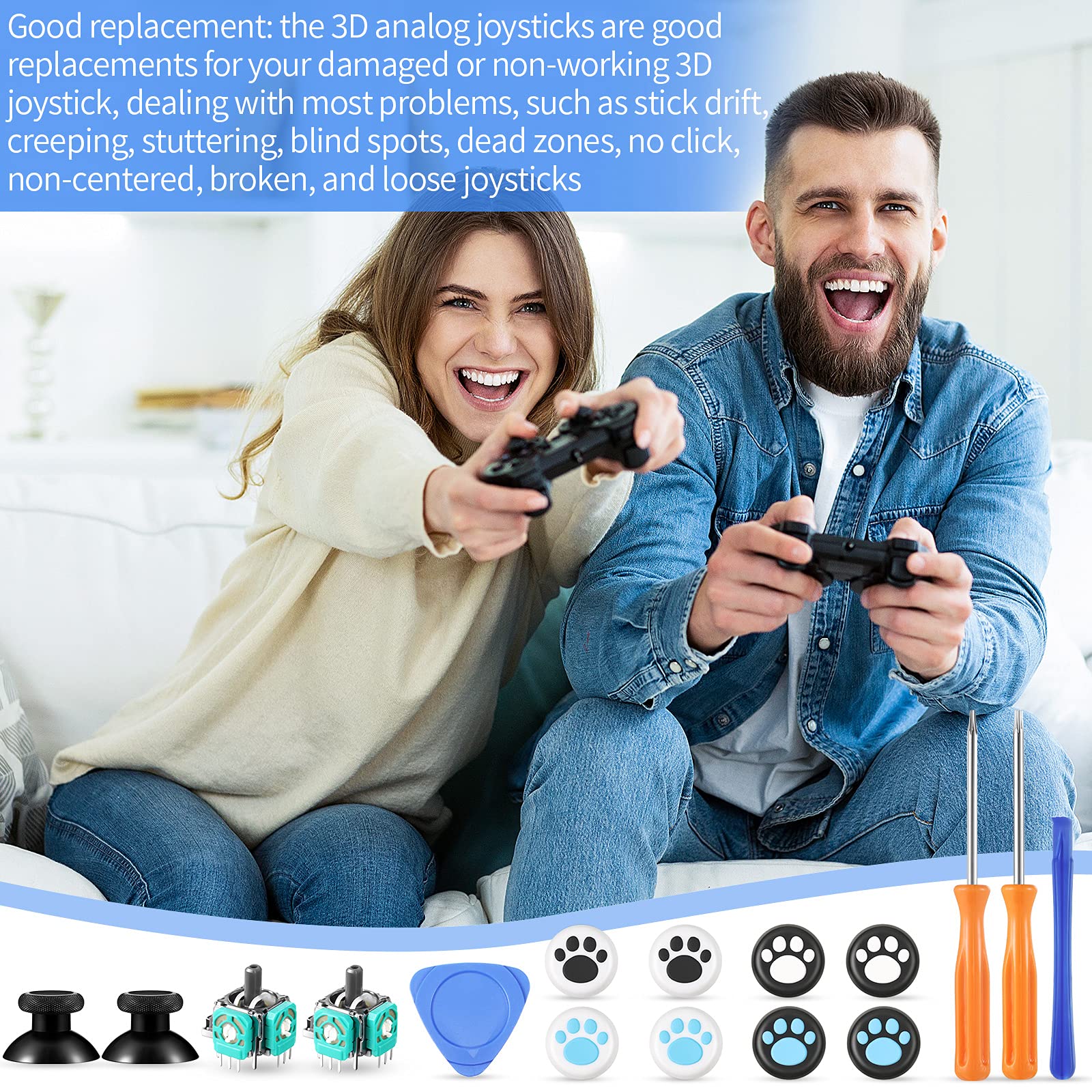 28 Piece Joystick Thumb Sleeve Silicone Cap Repair Kit with T6 T8 Screwdriver, 8 Pieces 3D Analog Joystick, 8 Pieces Thumb Caps, 8 Pieces Cat Claw Handle Buttons Compatible with Xbox One Controller