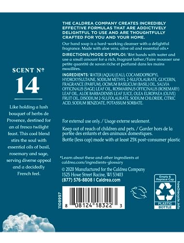 Caldrea Hand Soap Refill, Aloe Vera Gel, Olive Oil And Essential Oils To Cleanse And Condition, Basil Blue Sage Scent, 32 Oz