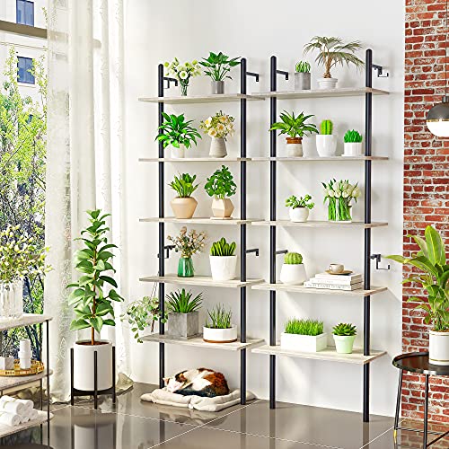 Bestier 70" Industrial Wall-Mounted Ladder Shelf 5 Tier Bookshelf with Storage Organizer Plant Flower Display Stand Round Tube Bookcase Rack with 2 Hooks for Home Office, Gray