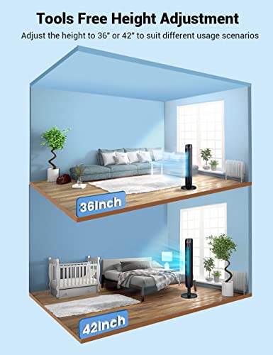 Aikoper Tower Fan, 42 Inch Bladeless Cooling Fans with Remote and Built-in 7Hrs Timer, 3 Modes and LED Display,Quiet Standing Fans for Home and Office