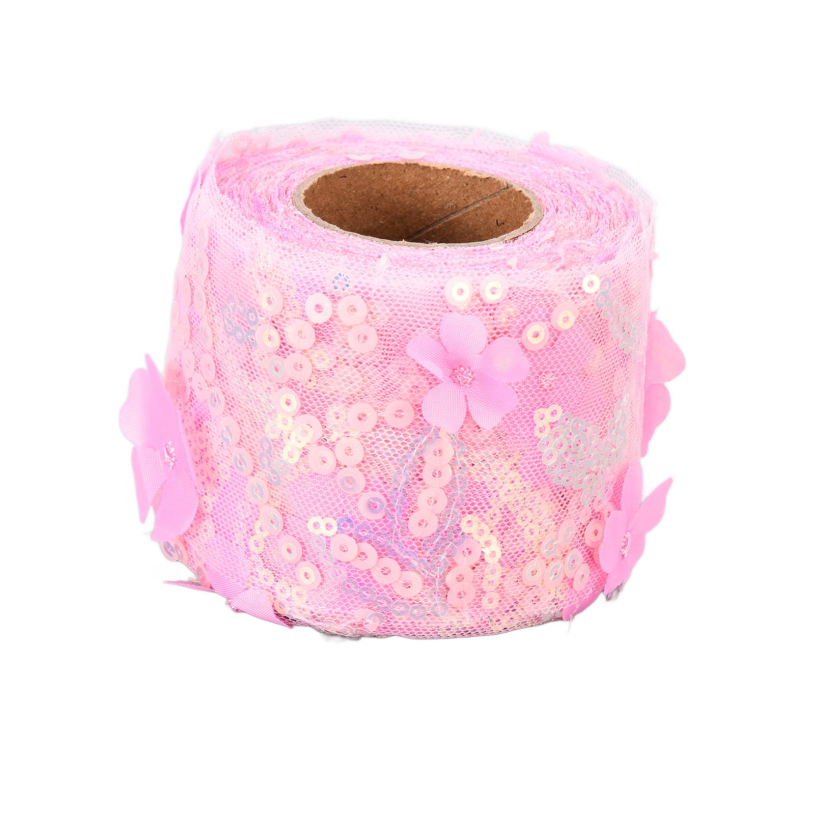 Wene Tulle Roll, Spool Tulle Fabric Shiny Flexible Embroidered Sequins Flowers for DIY Clothing for Handicraft Decoration(Deep Pink)