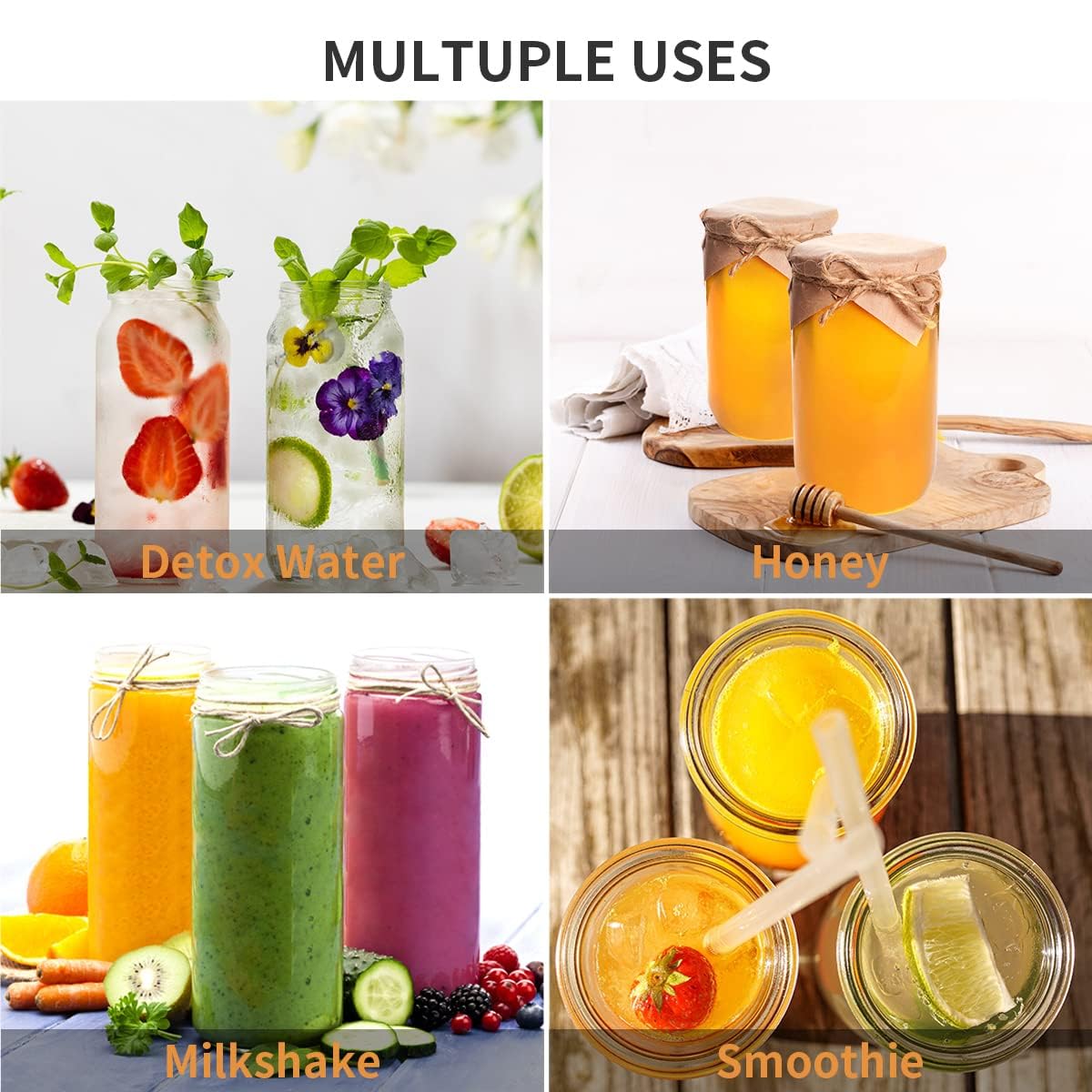OAMCEG 8 Pack 16OZ Glass Juice Bottles with Straw Lids - Smoothie Cups with Lids and Straws, Reusable Juice Bottles for Juicing, Glass Drinking Mason Jars Travel Bottles Cup (Perforated Cover)