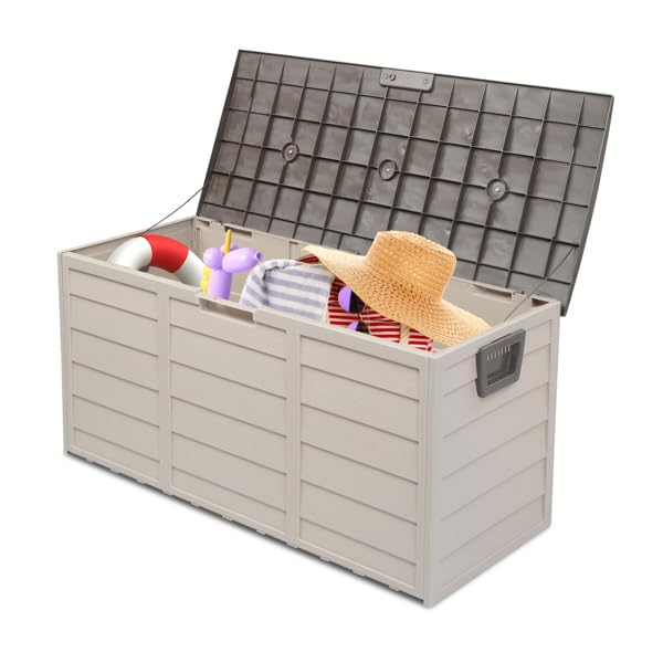 75 Gallon Large Deck Box,Outdoor Resin Storage Boxes,260L Garden Plastic Storage Bin,Lockable & Waterproof Container Bins for Patio Furniture,Cushions,Pool Float,Garden Tools,Doubles as Extra Seating