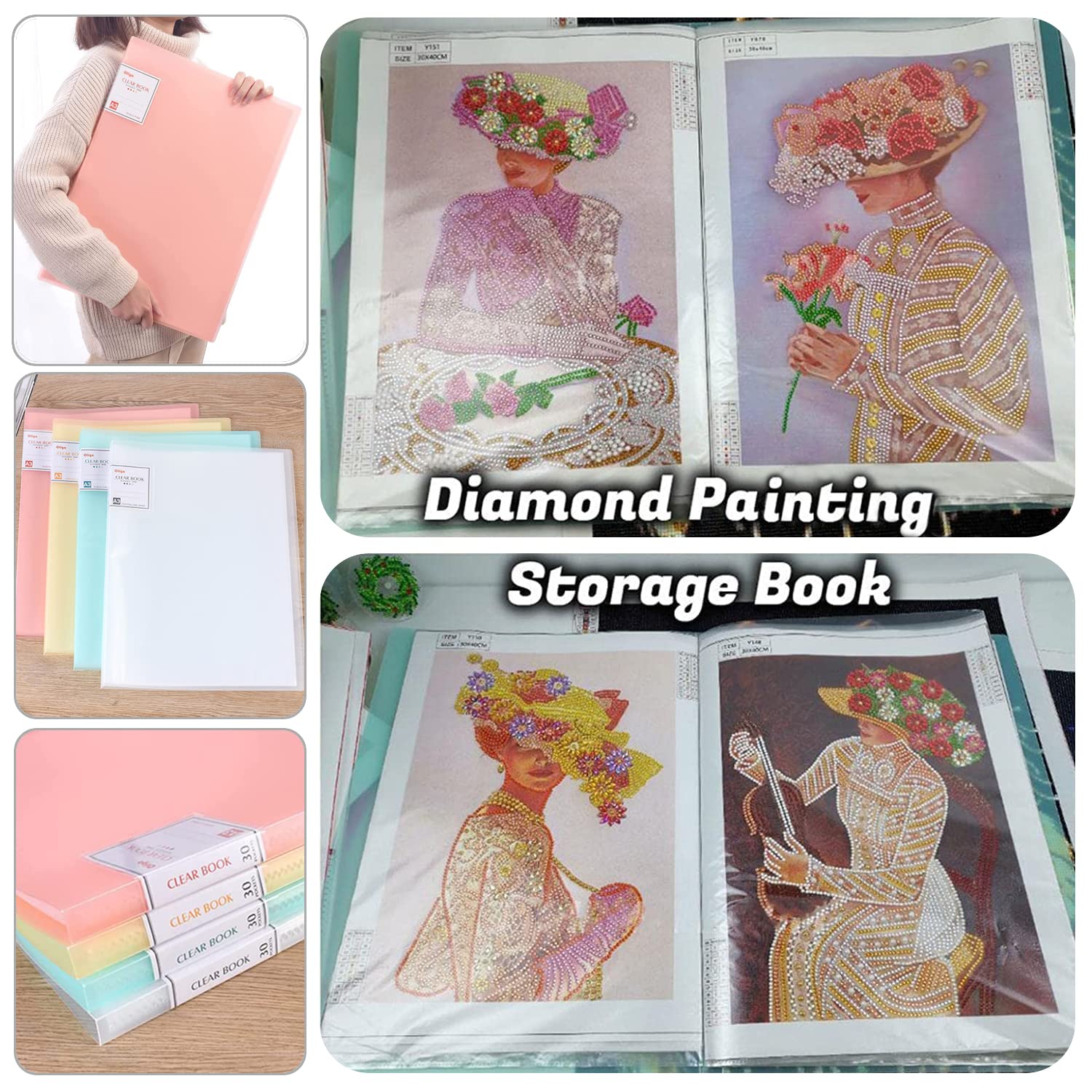 A2 Diamond Painting Storage Book, 60 Views Art Portfolio Presentations Folder with 30 Pages Protectors