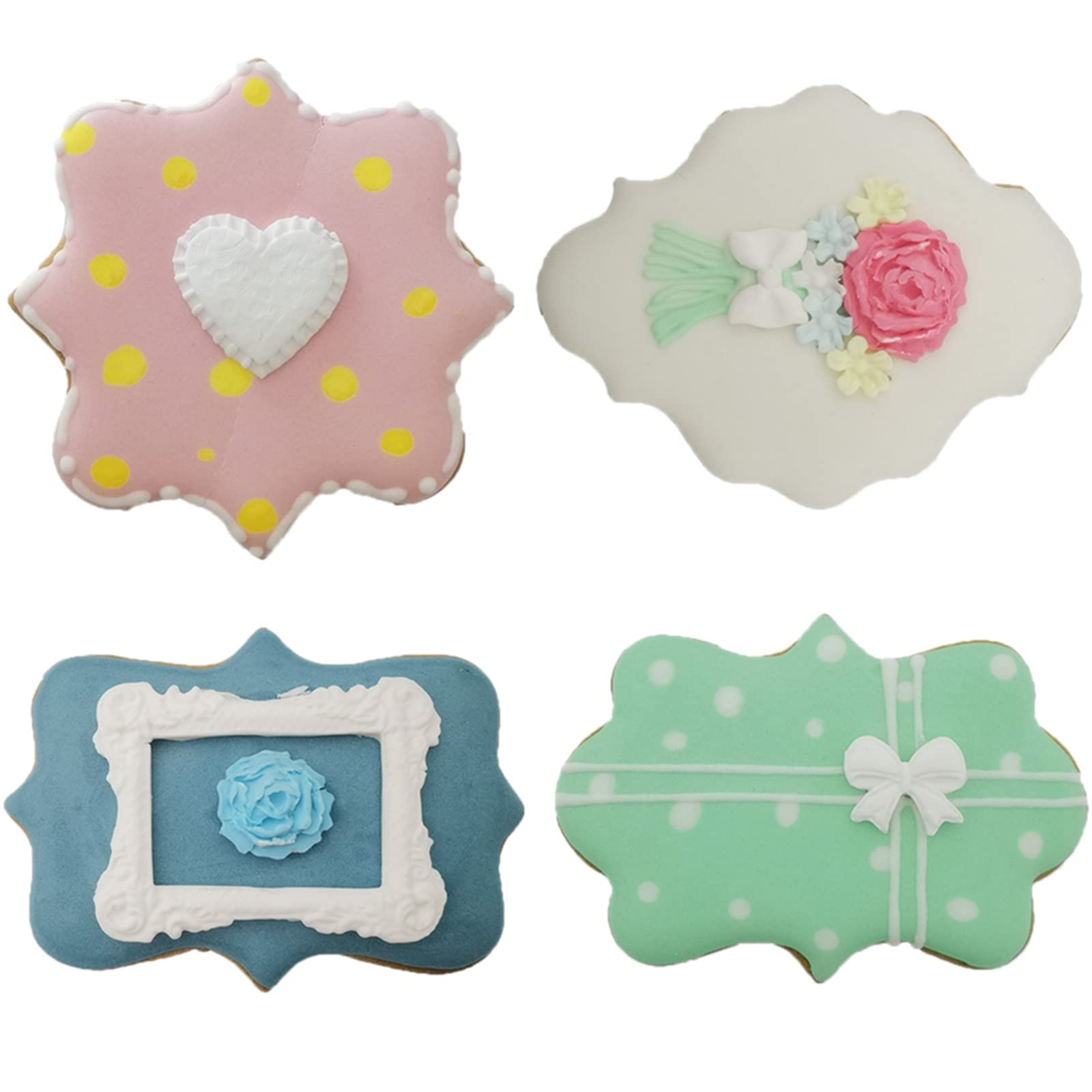 4 pcs of Fancy Plaque Cookie Cutters Set, Stainless Steel Wedding Frame Fondant Cutters Baking DIY Molds
