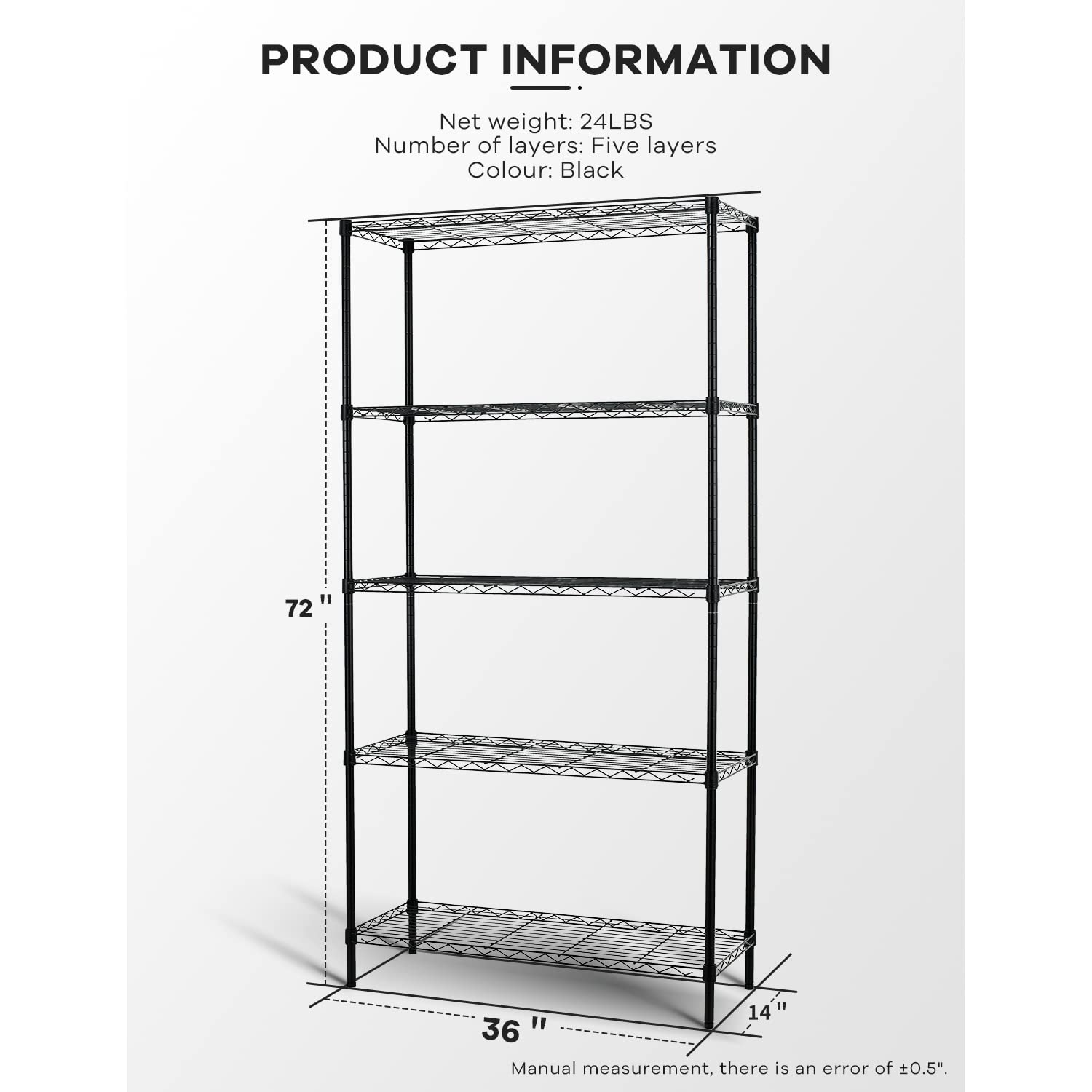 5-Tier Storage Shelves Adjustable,Wire Shelving Heavy Duty Storage Rack(250 Lbs Loading Capacity/Shelf) Metal Shelf Organizer Wire Rack Shelf for Pantry Garage Kitchen 36" D x14 W x 72" H -Black