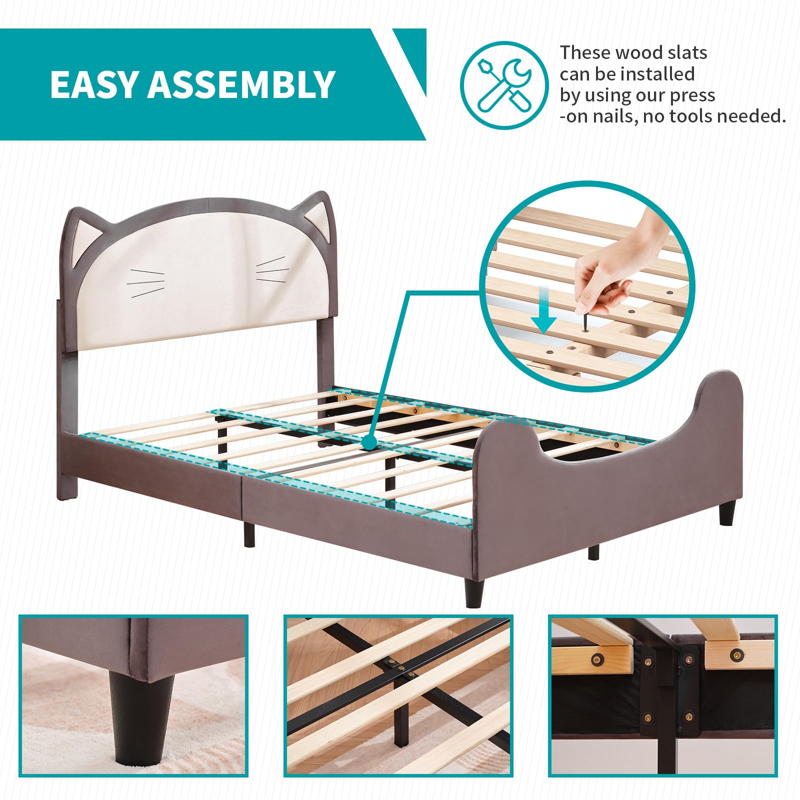 MUZZ Twin Kid Bed Frame,Velvet Bed Frame with Cat Ears Headboard, Upholstered Kids Bed Platform with Sturdy Slats Support,No Box Spring Needed,Bedroom Use(Twin/Cat)