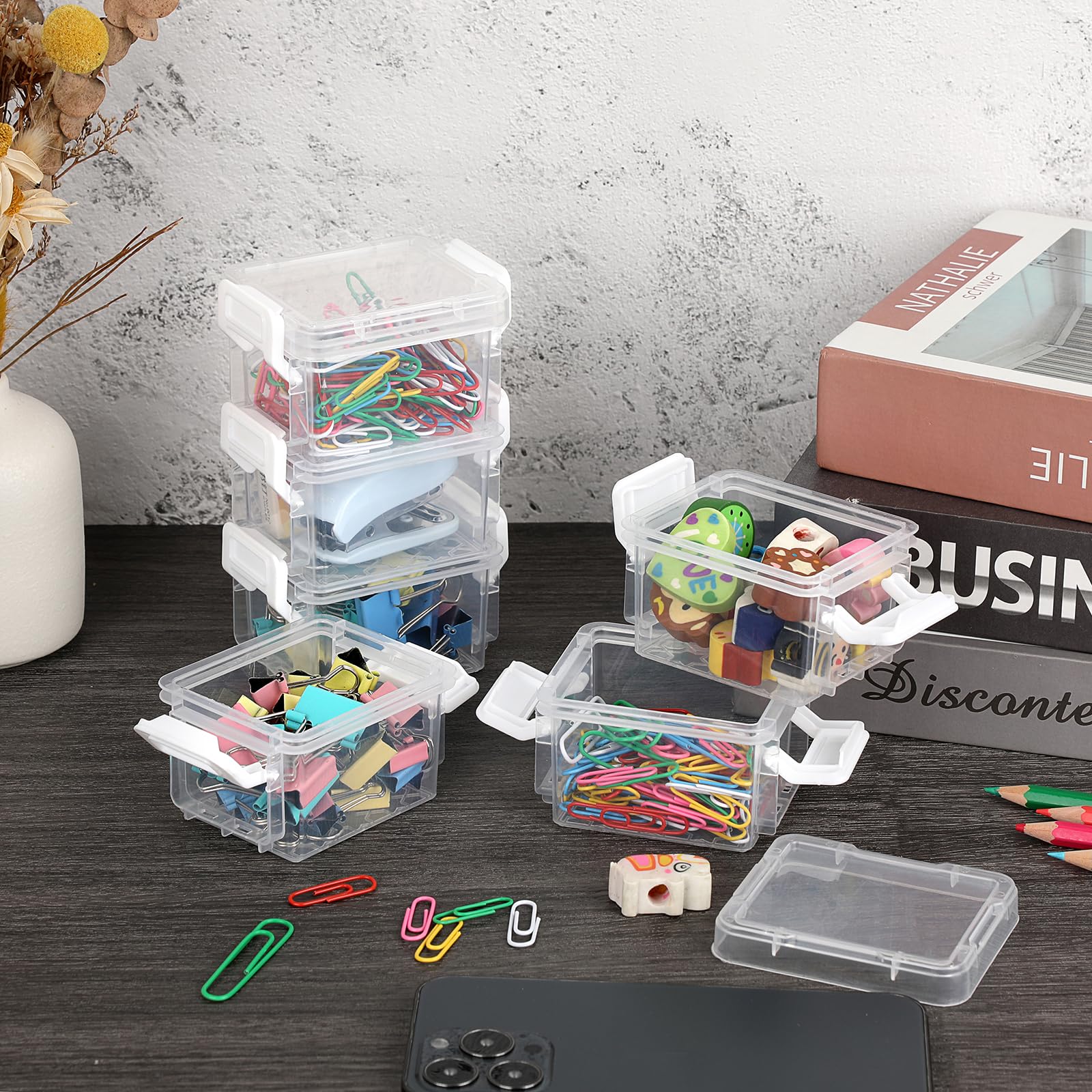 BTSKY 18 Packs Small Storage Containers with Lids, Stackable 0.14 QT Storage Bins Plastic Mini Latch Box-3 Pack Mini Boxes with 1 Lid,Clear Craft Organizer Box for Beads Jewelry Hair Accessory,White