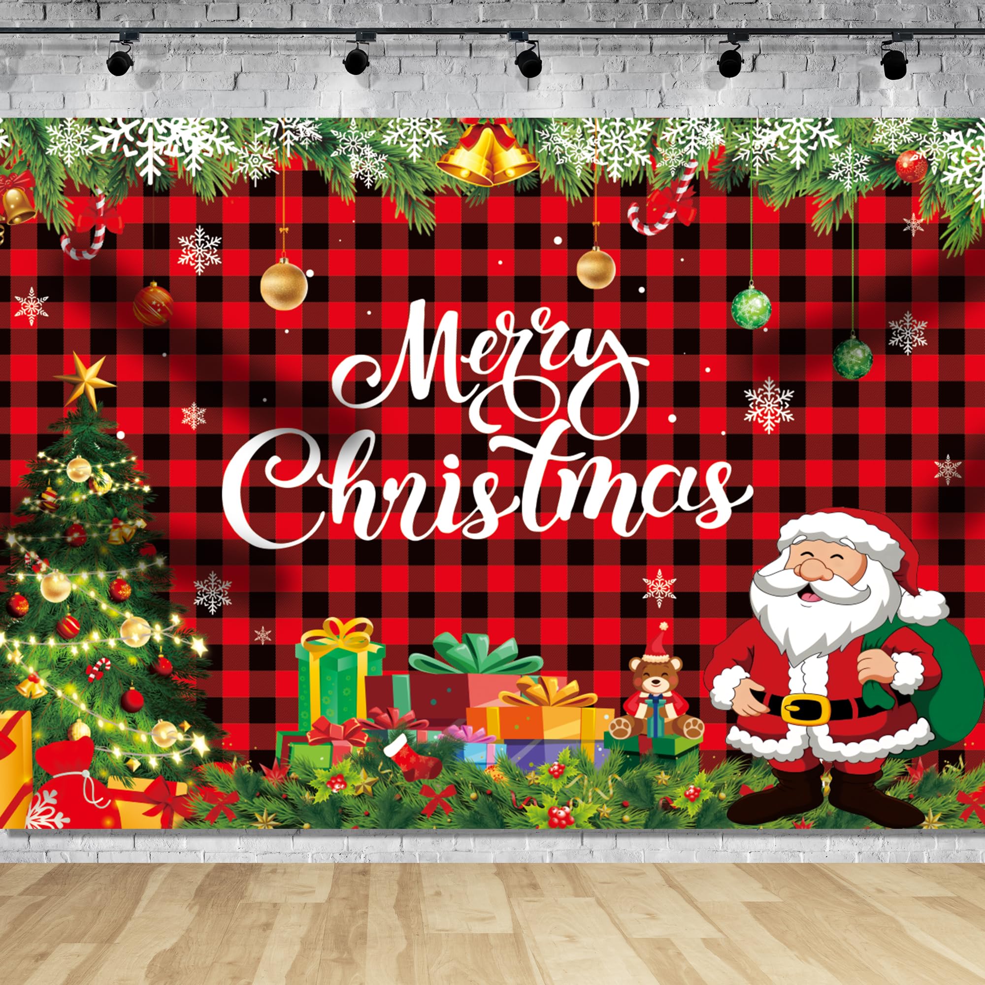 7x5ft Christmas Banner Christmas Tree Santa Claus Snowflake Christmas Backdrop Home Outside Office Decorations Red and Black Plaid Xmas Winter Hanging Wall Party Banner for Photoshoot