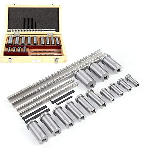 22 Pcs Keyway Broach Kit Collared Bushing Shim Sets in Fitted Box, Metric Size 4 pcs Broach & 13 Collared Bushing & 5 Gaskets, High Speed Steel Material Metalworking Industrial Tools