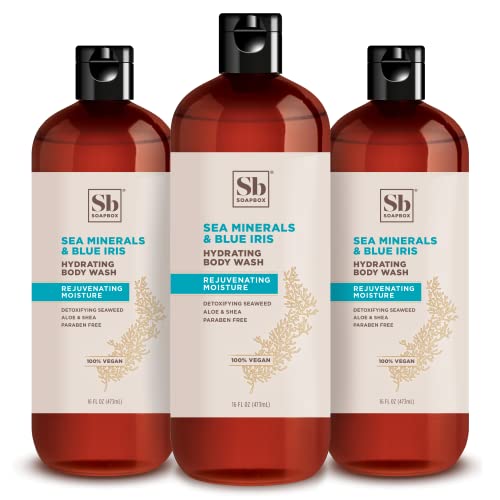 Soapbox Body Wash, Sea Minerals & Blue Iris - Moisturizing Body Wash Cleanser w/Aloe Vera & Shea Butter | Paraben & Gluten Free, Silicone & Cruelty Free & Vegan Body Wash, 16oz Bottles (Pack of 3)