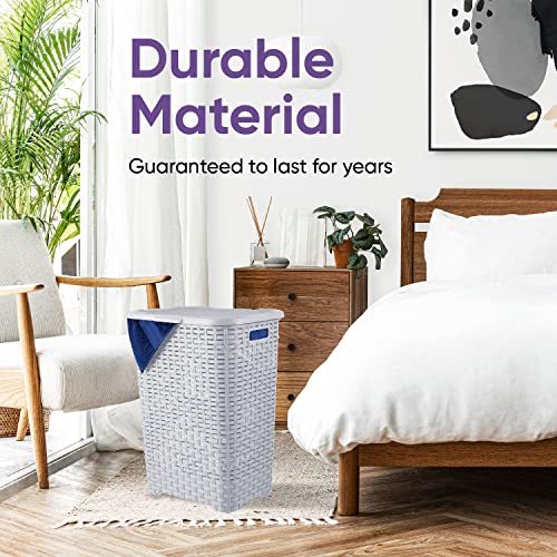 Superio Laundry Hamper with Lid 60 Liter Ivory (2 Pack) Plastic Wicker Large Hampers Basket with Cutout Handles, Deluxe Bin to Storage Dirty Cloths in Washroom Bathroom