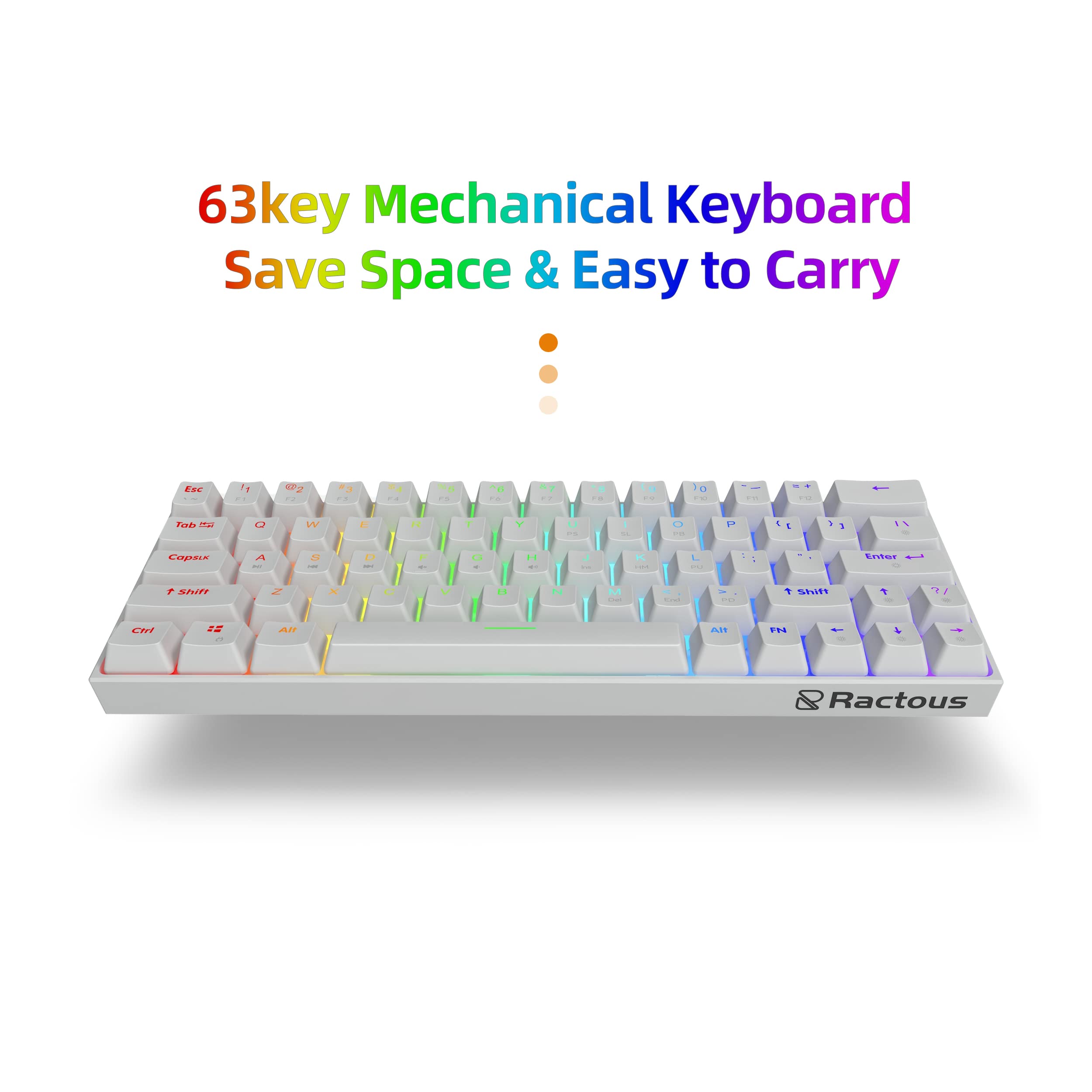 Ractous RTK63P 60% Mechanical Gaming Keyboard RGB Backlit PBT keycaps 63key Ultra-Compact Wired Keyboard Programmable for PC/Mac Gamers,Hot-Swappable Optical Red Switch (White)