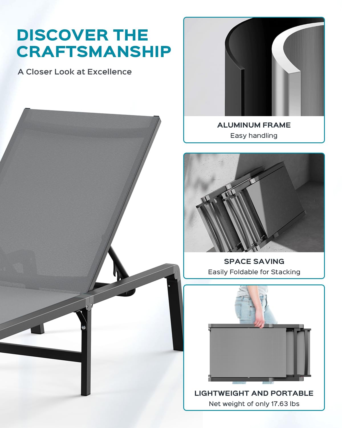 Aluminum Chaise Lounge Ourdoor - Foldable & Assemble Free Outdoor Lounge Chair with 5 Adjustable Backrest, Patio Lounge Chair for Outside Poolside Beach Pool, Grey