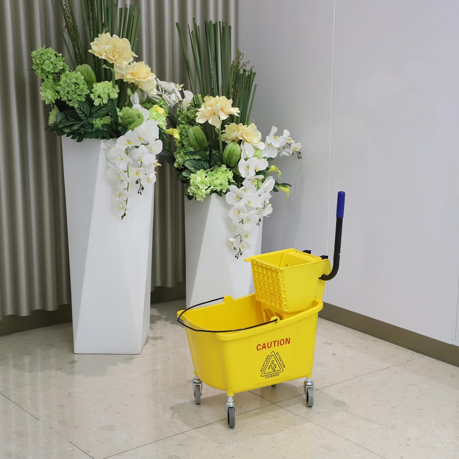 Midoneat Commercial Mop Bucket with Side Press Wringer on Wheels, 35Qt,Yellow Including One Commercial Mop