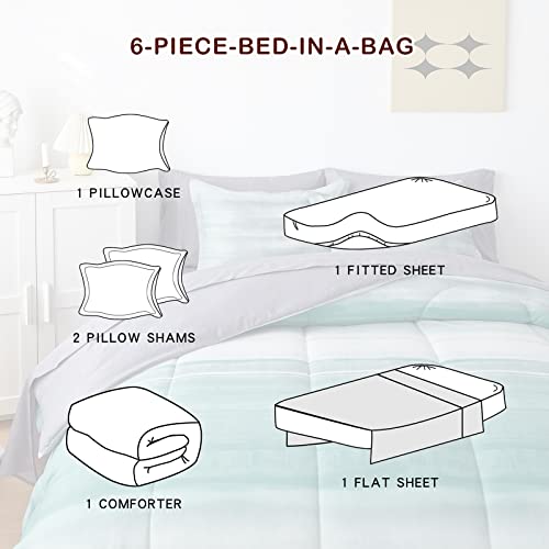 Joyreap 6 Piece Bed in a Bag Twin, Light Gray Stripes Reversible Design, Microfiber Comforter Set for All Season- 1 Comforter, 2 Pillow Shams, 1 Flat Sheet, 1 Fitted Sheet, 1 Pillowcase