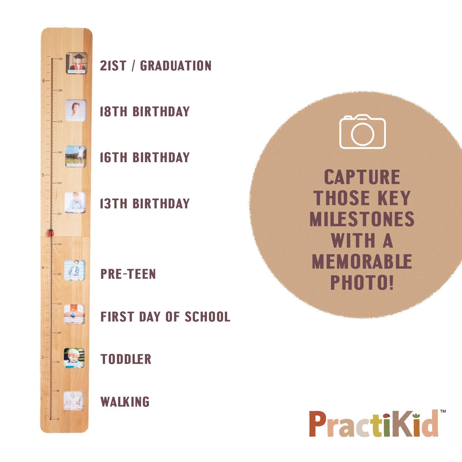 Kids Beech Wood Wall Growth Chart with Photo Windows. Capture Growth Milestones with Pictures. Neutral Wooden Decor Height Ruler Keepsake Gift for Babies, Boys or Girls