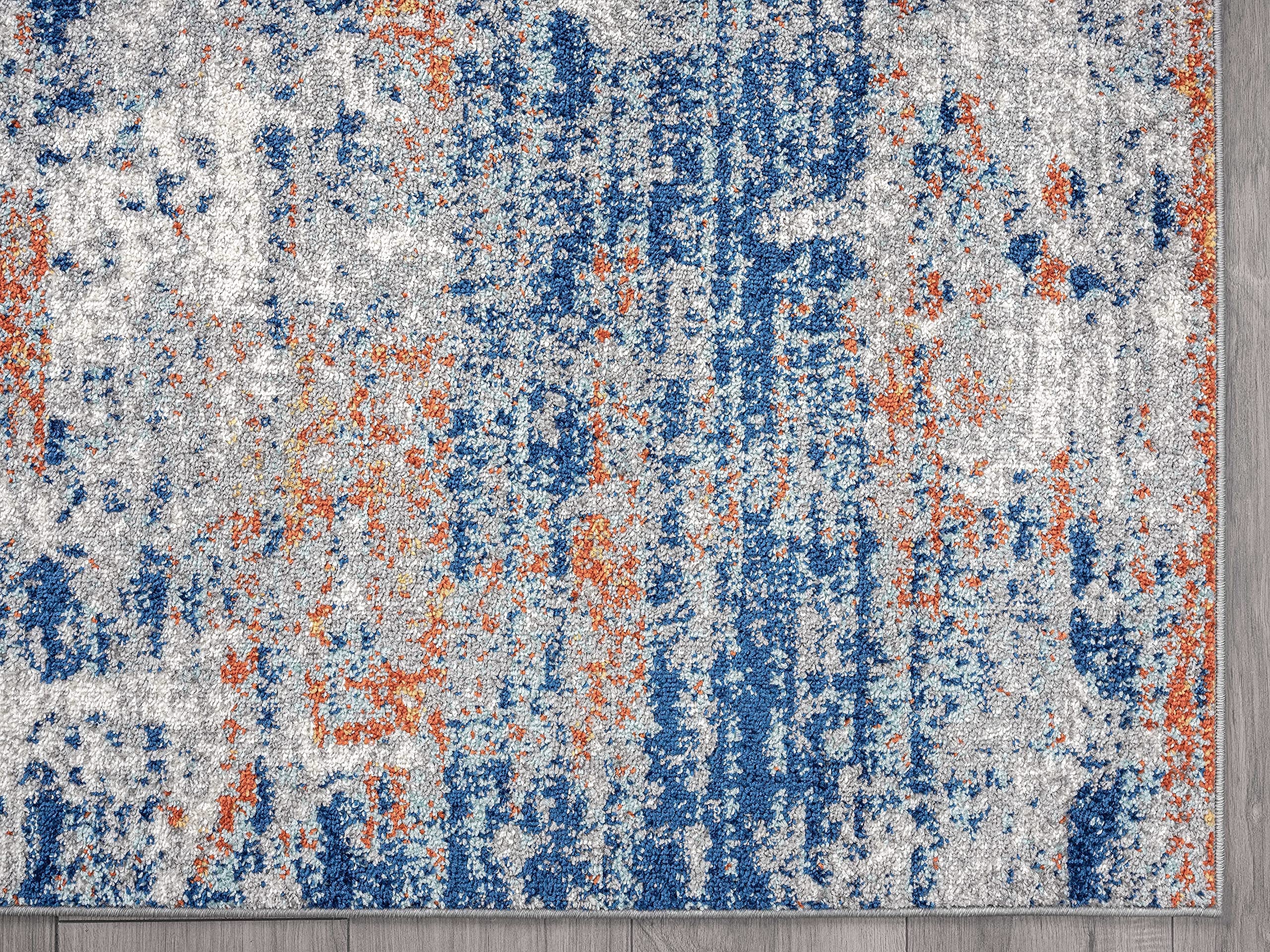 Abani Blue, Grey & Orange Area Rug, Abstract Vintage 4 by 6 Foot Rugs Contemporary Living Room Accent Carpet