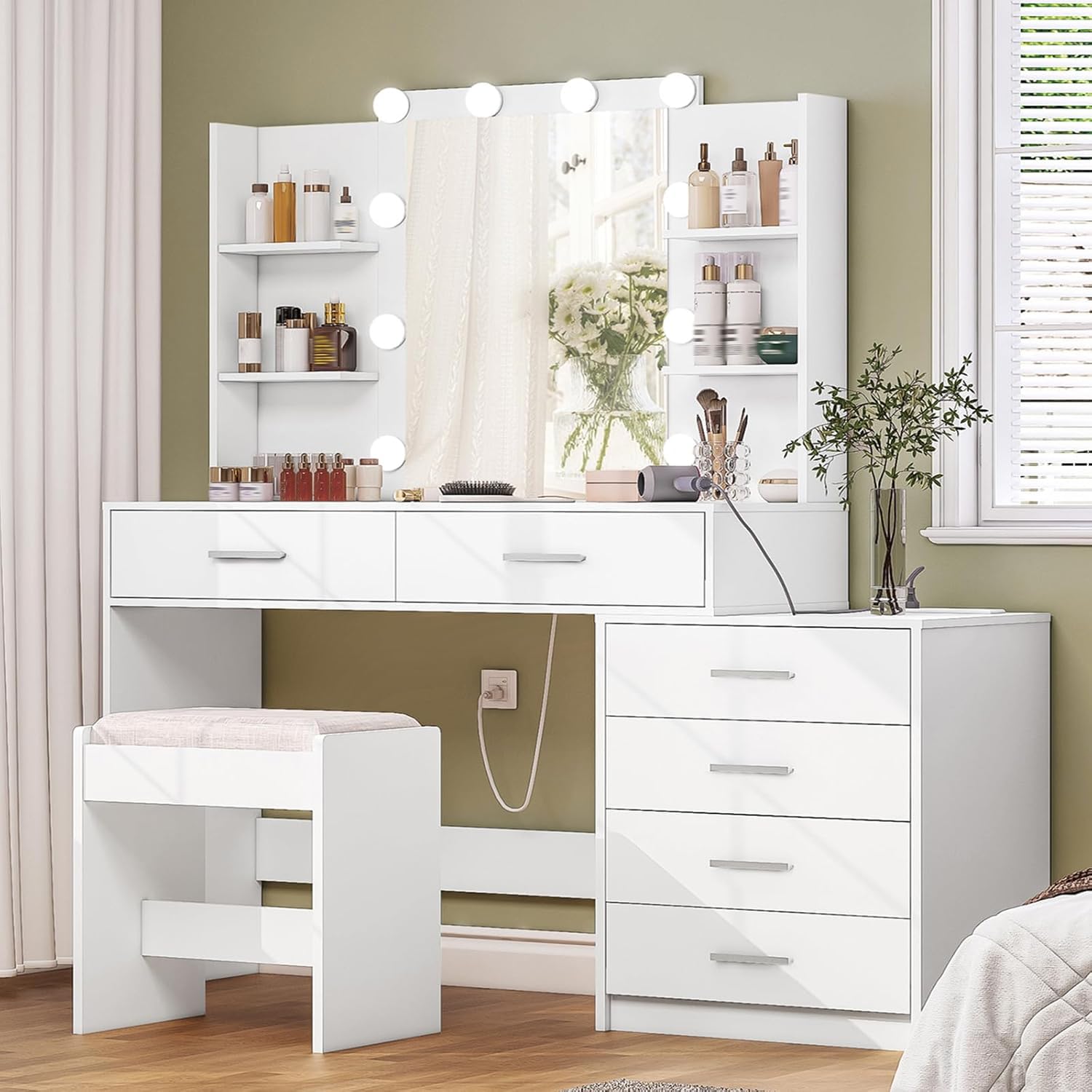 FIONESO Vanity Desk with Mirror & Lights, Makeup Vanity with 6 Drawers, 6 Open Shelves and Power Outlet, 48β Storage Makeup Vanity Desk with Stool Bench for Women, Girls, Bedroom, White