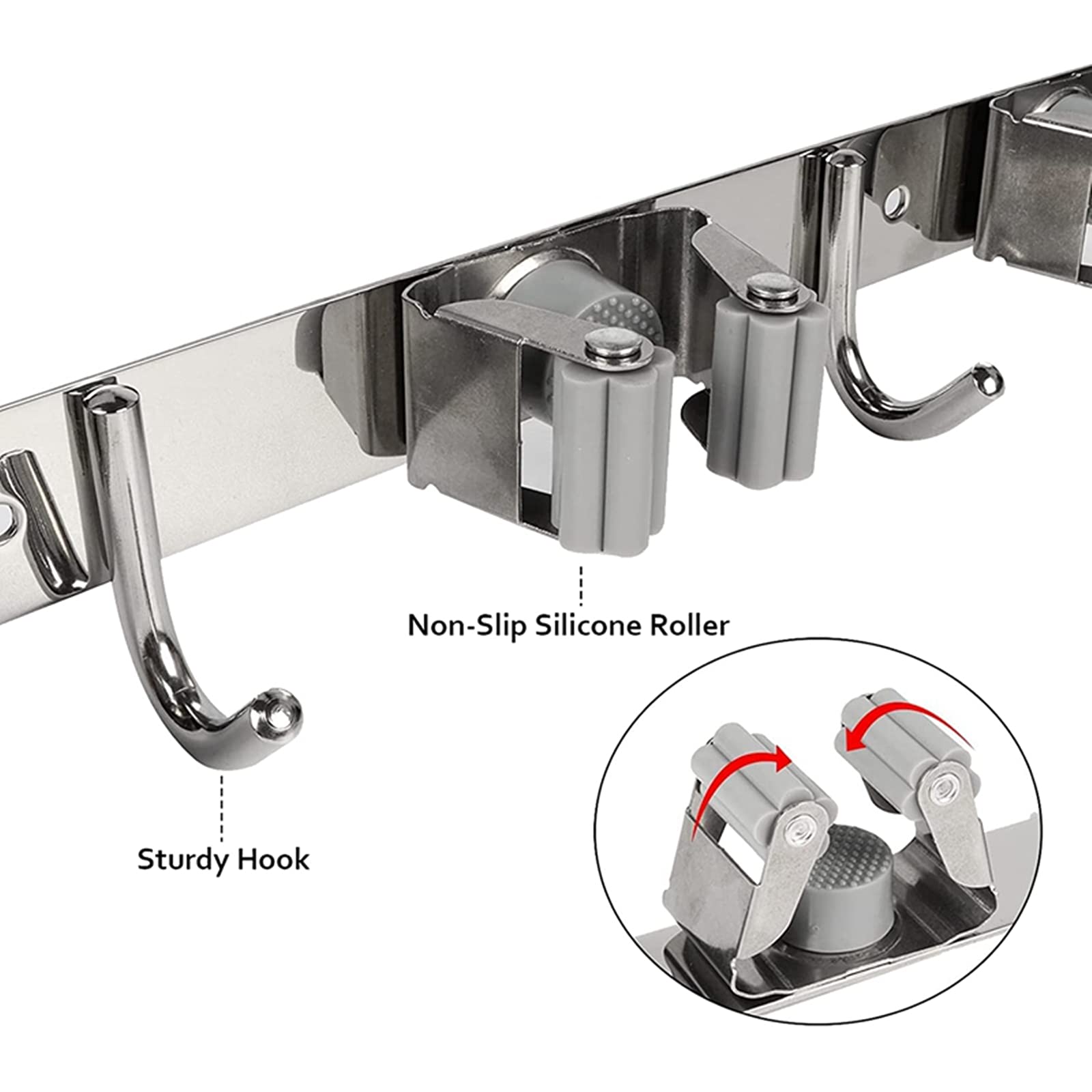 YYTONG Broom and Mop Holder, Wall Mounted Broom Holder, Stainless Steel Mop Holder, Self Adhesive Heavy Duty Hooks Storage Organizer for Laundry Room Garden Garage Closet Kitchen (3 Racks 4 Hooks)
