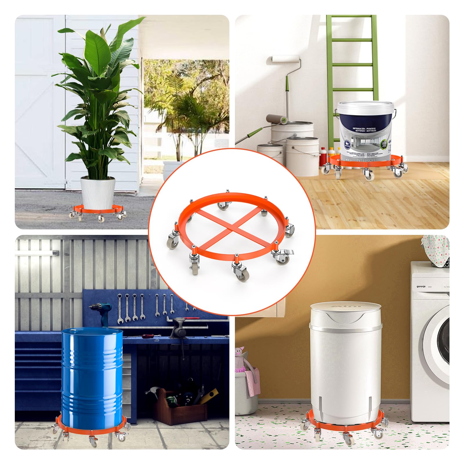 55 Gallon Drum and Barrel Dolly, 2000 LBS Capacity Dolly with 8 Caster Wheels, Trash Can Dolly Non-Tipping Hand, Orange Steel Frame Dolly