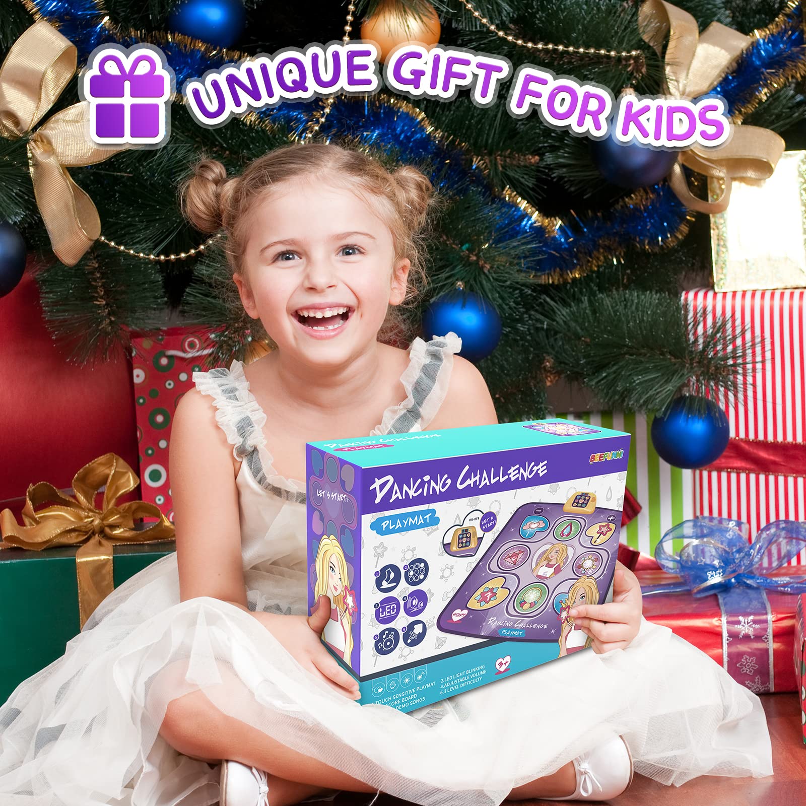 beefunni Dance Mat for Girls 3 4 5 6 7 8 9 10+ Year Old, 5 Game Modes, Birthday Gifts Toys for Kids, Dancing Pad with Adjustable Volume, LED Lights