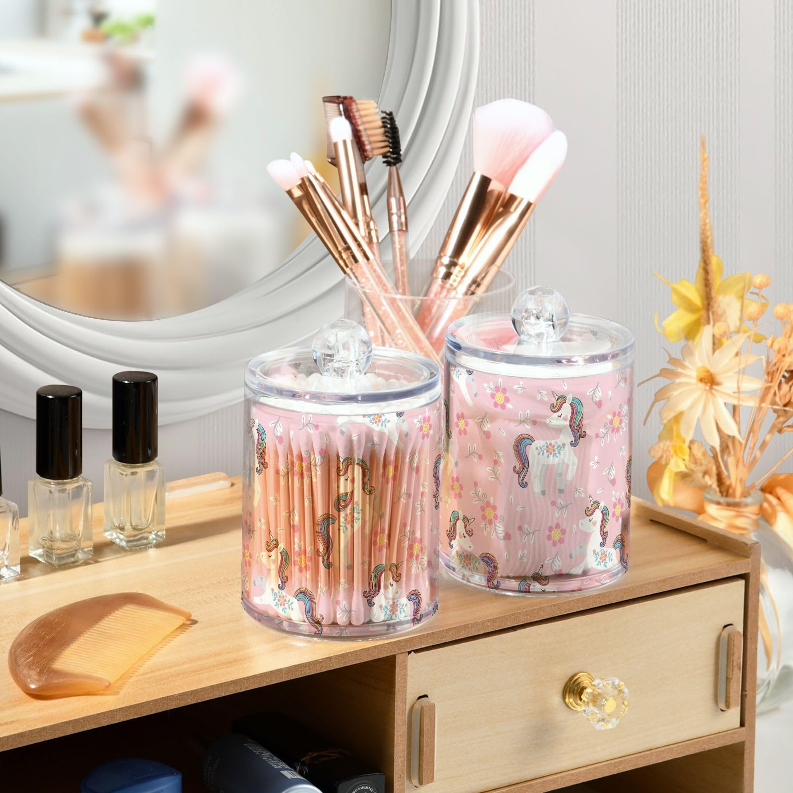 SDMKA 2 Pack Apothecary Jars Bathroom White Unicorn Pink Qtip Holder Dispenser Clear Plastic Storage Canister Jar with Lid for Cotton Ball, Cotton Swab