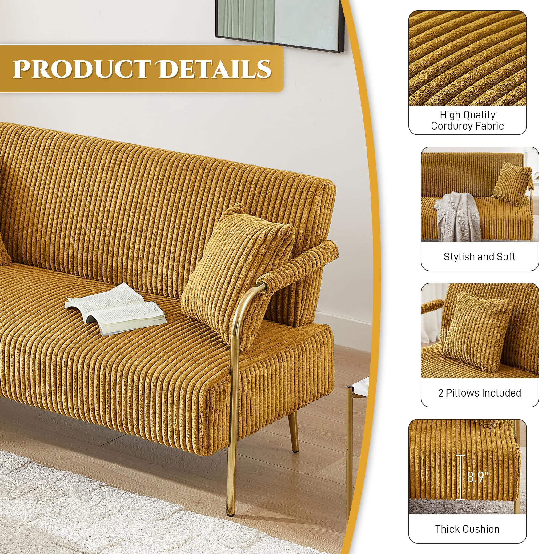 OUYESSIR Loveseat Small Sofa Couch, 59" Love Seat Settee 2 Seater Upholstered Sofa with 2 Pillows for Small Space Living Room Office Apartment (Ginger, Corduroy)
