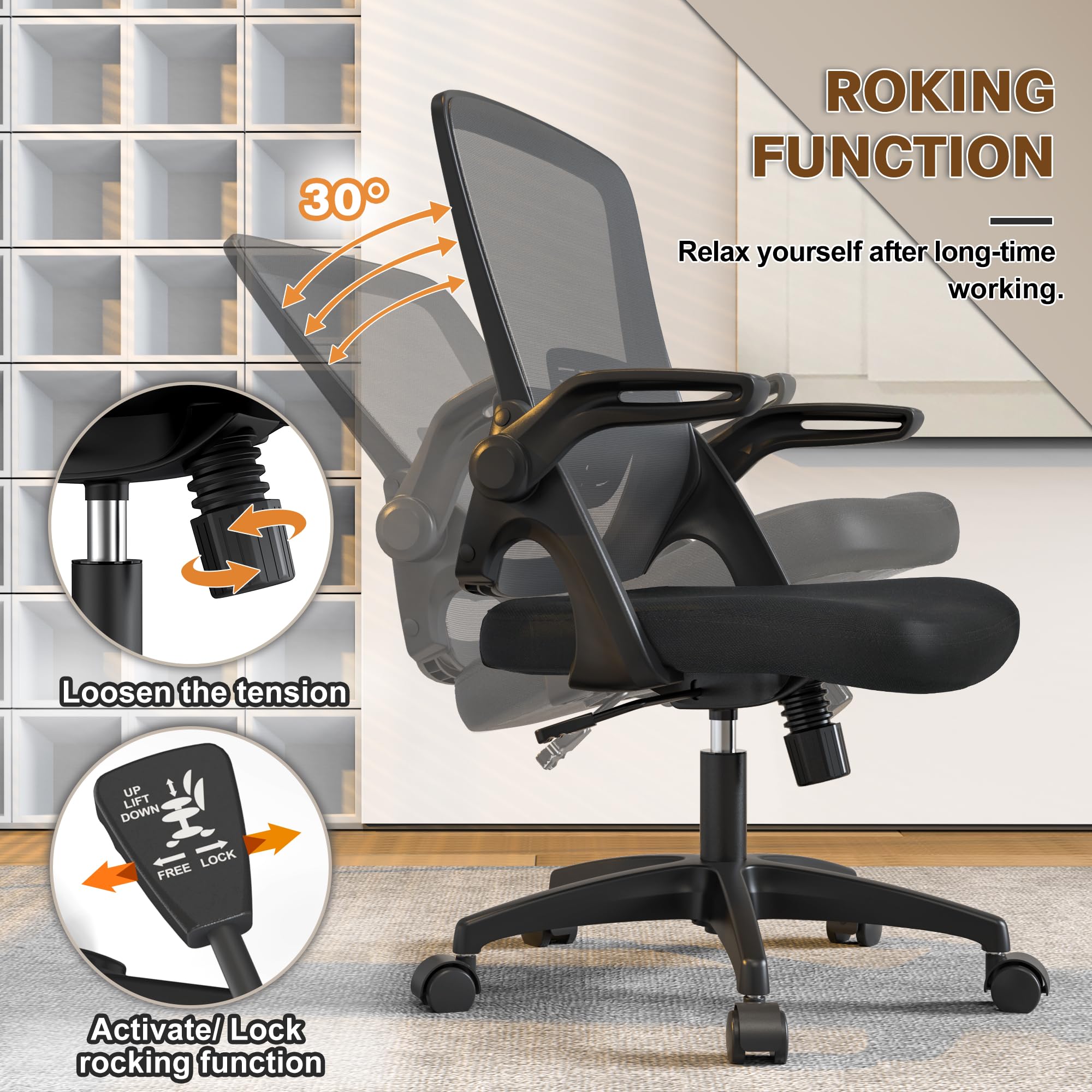 iCoudy Ergonomic Mesh Office Chair Comfy Swivel Home Computer Desk Chair with Flip Up Arms Comfortable Black Modern Computer Chair with Wheels Office Desk Chair with Adjustable Lumbar Support