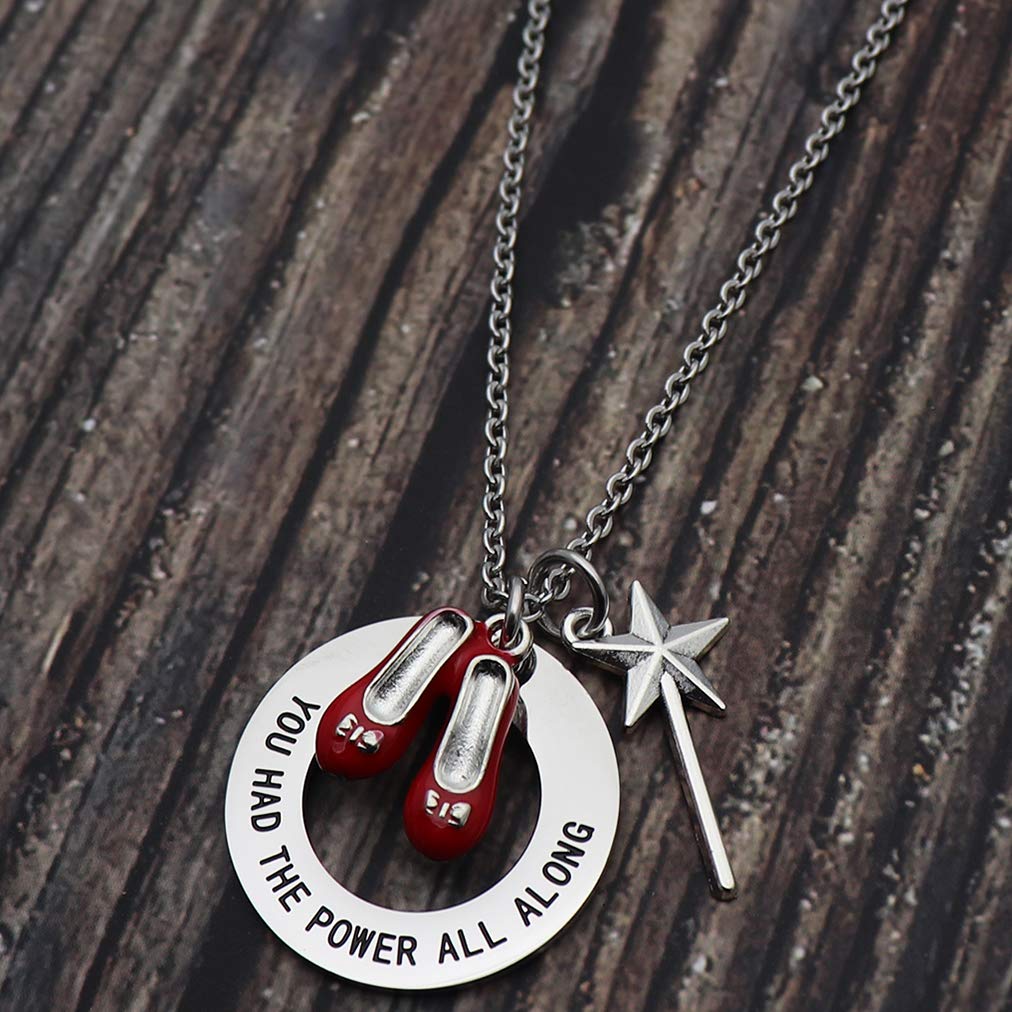 Beeshion Wizard of Oz Necklace Stainless Steel Charm with Ruby Red Slippers Pendant Necklace Inspirational Gift for Her (Wizard of Oz Necklace)