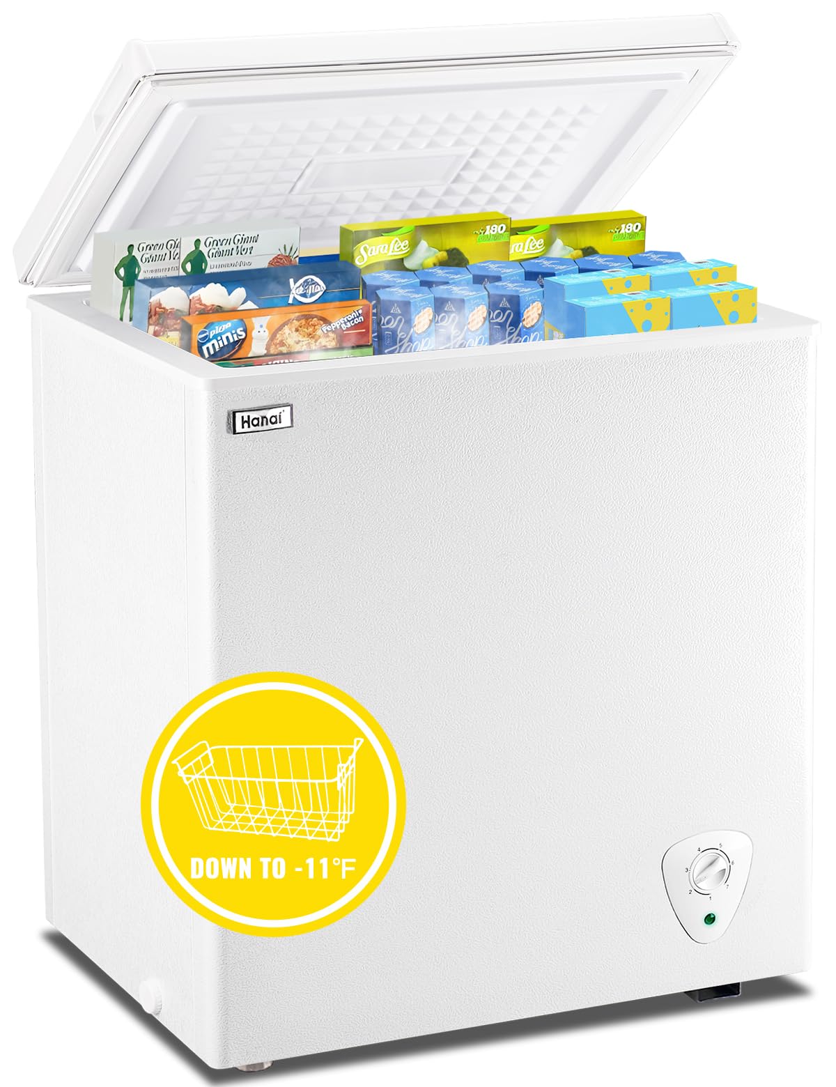 5.0 Cubic Feet Chest Freezer Small Deep Freezers with Removable Storage Basket Free Standing Top Door Compact Freezer 7 Gears Temperature Control for Office Dorm Apartment