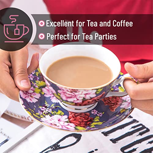 BTaT- Tea Cups, Tea Cups and Saucers Set of 6, Tea Set, Floral Tea Cups (8oz), Tea Cups and Saucers Set, Tea Set, Porcelain Tea Cups, Tea Cups for Tea Party, Rose Teacups, China Tea Cups (Bone China)