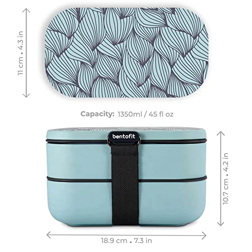 Bentofit Premium Bento Box Adult Lunch Box - 45oz 2-Compartment Container with Cutlery & Sauce Holder for Convenient On-the-Go Meals, Microwavable (Wathet Blue)