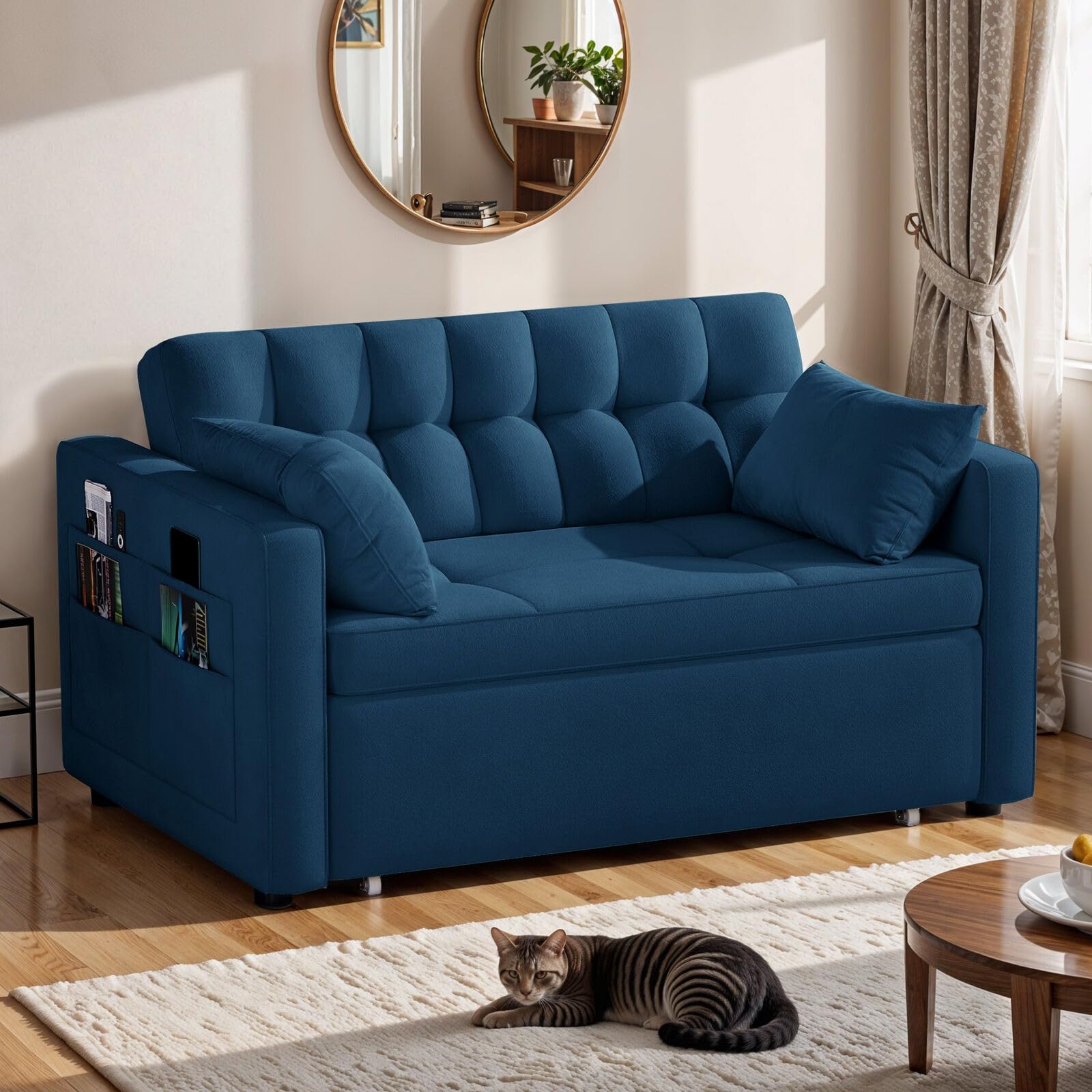 55-Inch 3-in-1 Convertible Sofa Bed - Pull-Out Sleeper Sofa with Cat-Scratch-Proof Fabric, Reclining Backrest, and Side Pocket - Stylish Blue Loveseat for Living Room, Full Size