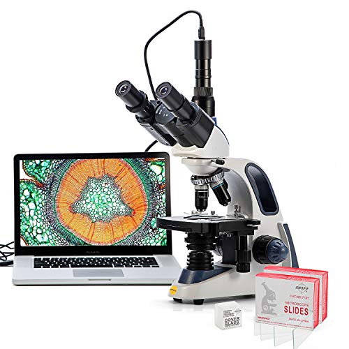 Swift Compound Trinocular Microscope SW380T,40X-2500X Magnification,Siedentopf Head,Two-Layer Mechanical Stage,with 5.0 mp Camera and Software Windows/Mac Compatible and 100 PCS Blank Slides