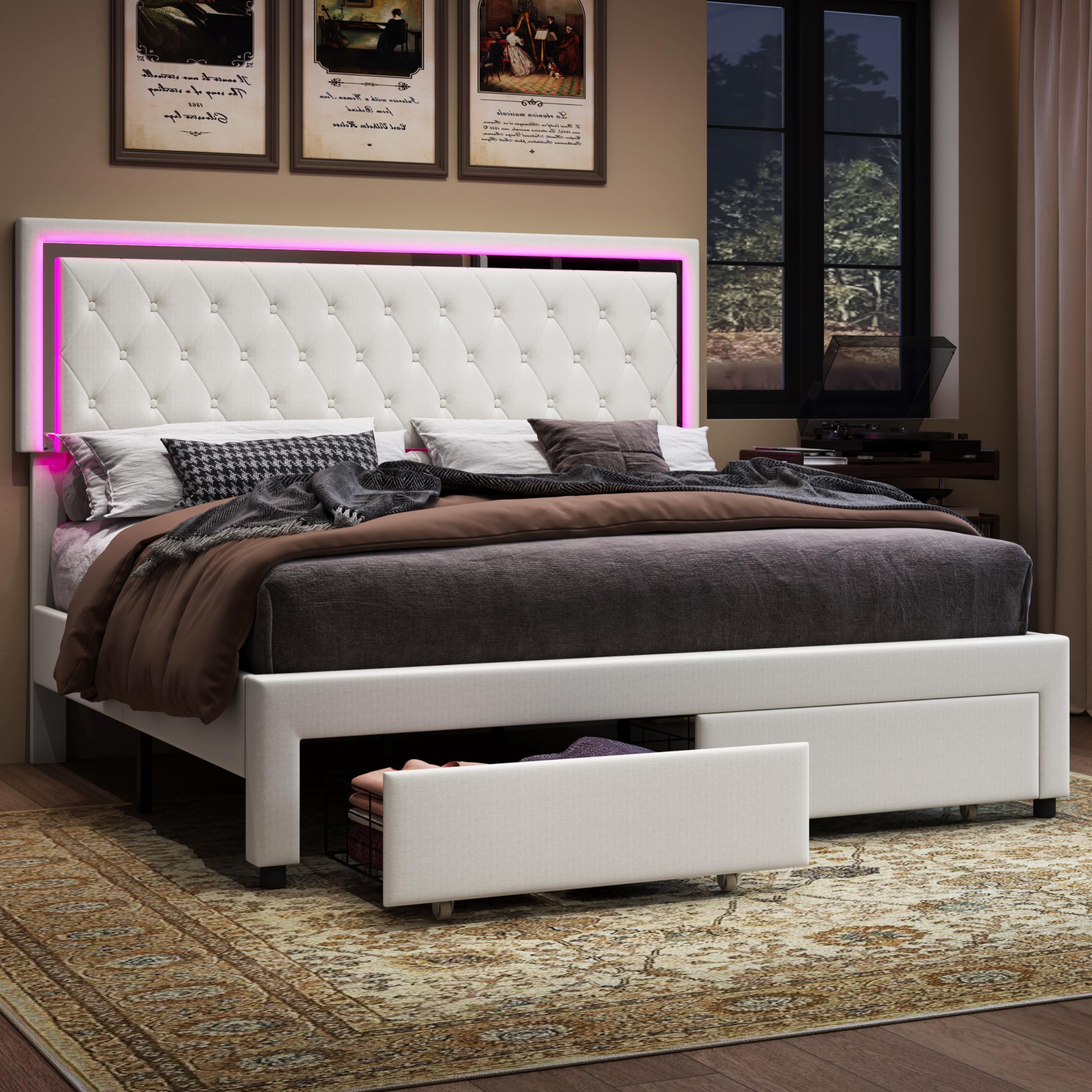 Jocisland Full Size Bed Frame with LED Lights&Storage Drawers,Velvet Upholstered Platform Bed,No Box Spring Needed,White