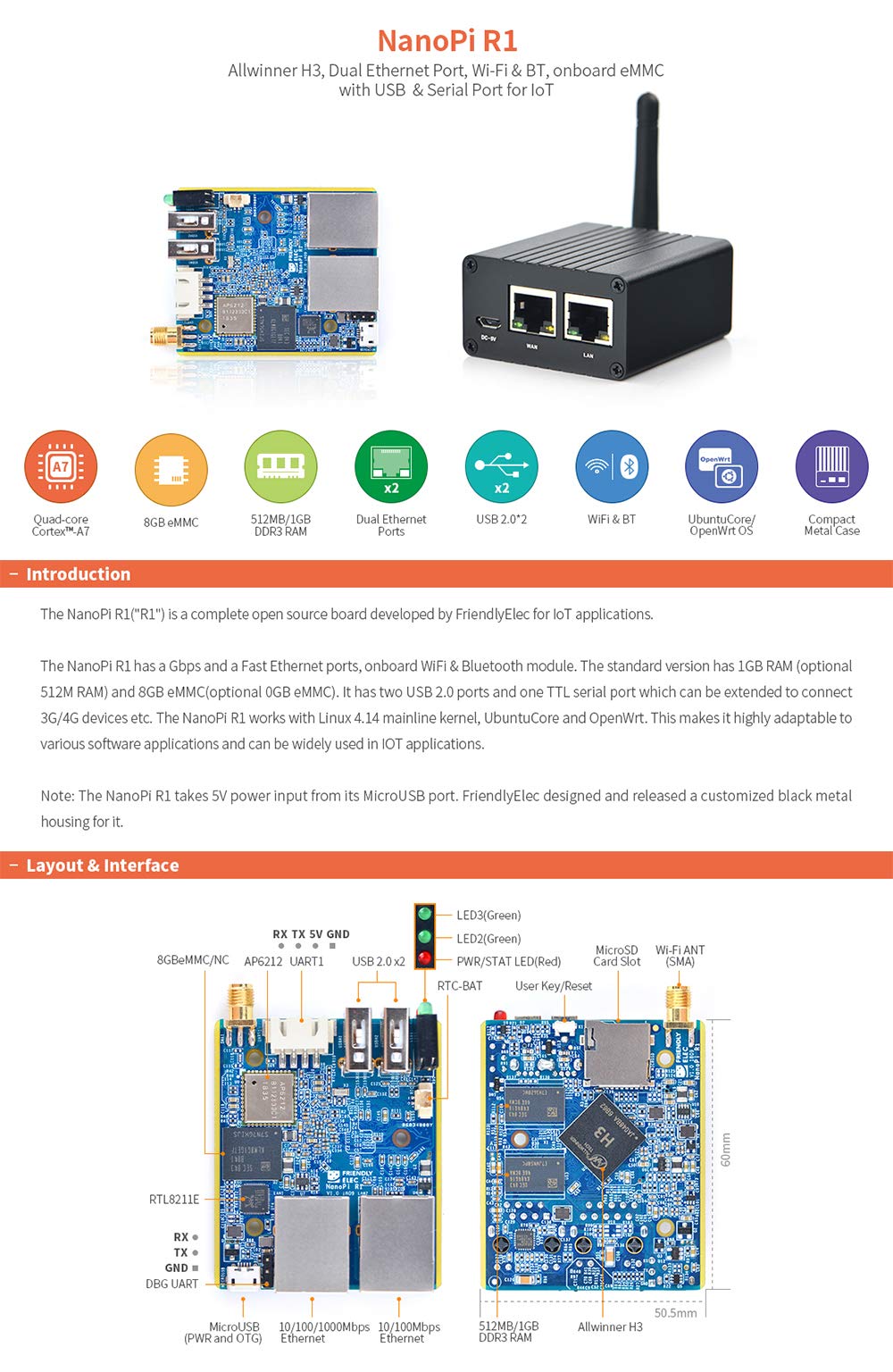 NanoPi R1 Allwinner RAM 1GB H3 Dual Ethernet Port, Wifi & BT, onboard eMMC with USB & Serial Port for loT